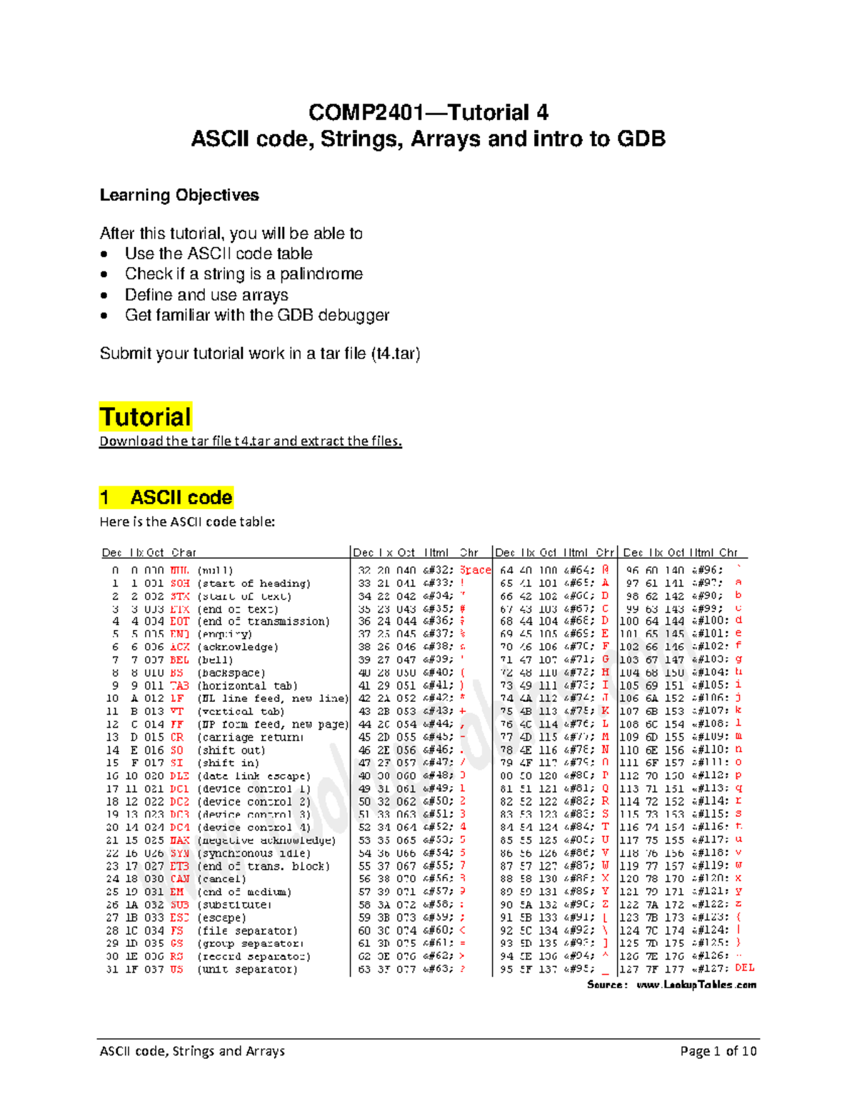 Tutorial-4 - Tutorial - COMP2401—Tutorial 4 ASCII code, Strings, Arrays and intro to GDB ...