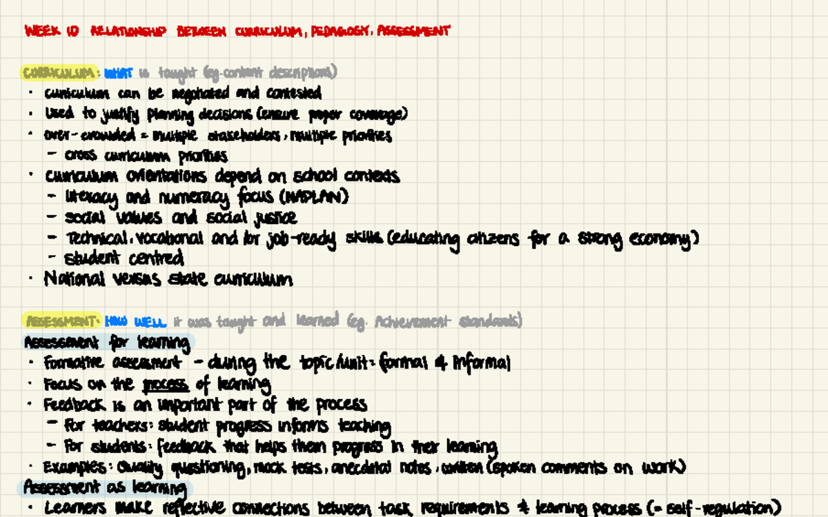 Week 10 lecture and tutorial - WEEK 10 RELATIONSHIP BETWEEN CURRICULUM , PEDAGOGY, ASSESSMENT ...