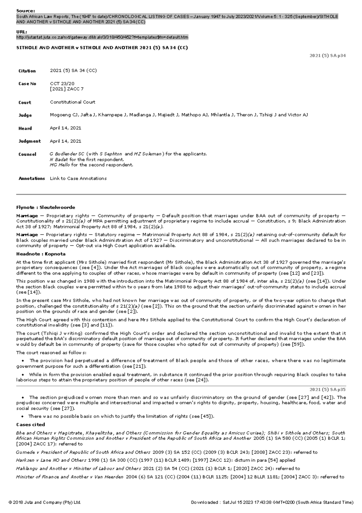 Sithole AND Another v Sithole AND Another 2021 (5) SA 34 (CC) (1)[1465 ...