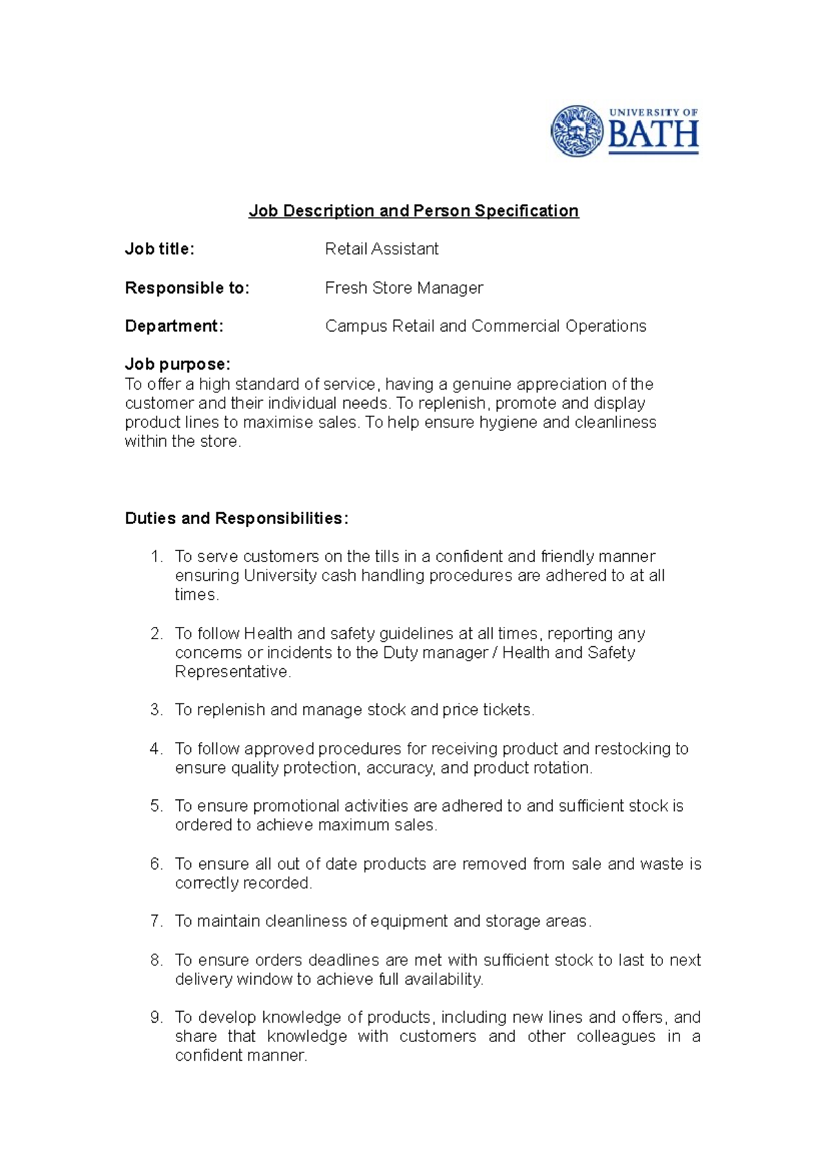 Retail assistant JDPS October 13 for recuitment - Job Description and ...