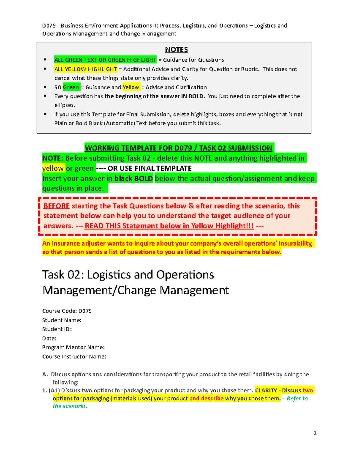 D079 - Task 2 Template - Operations Management and Change Management Le ...