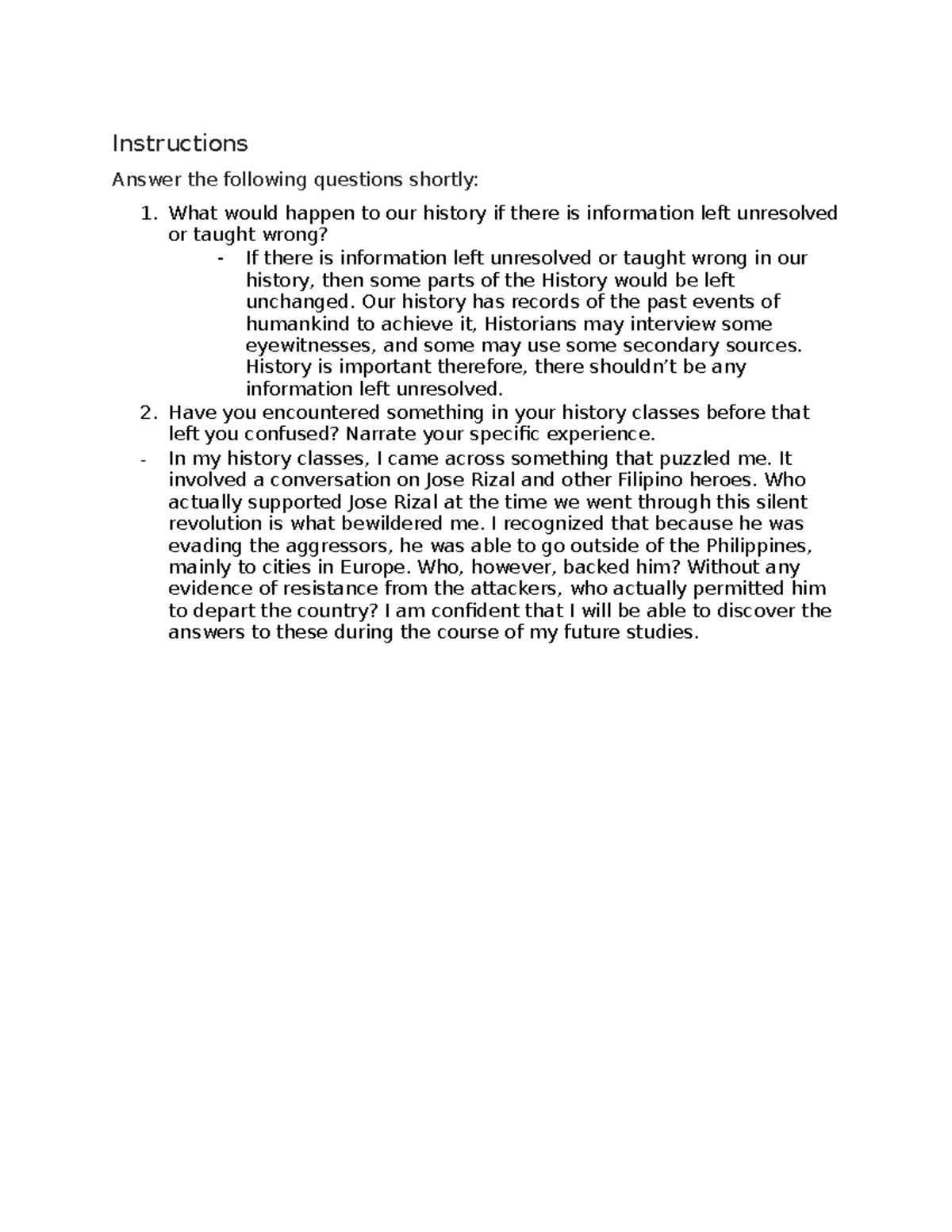 Readings - all about history - Instructions Answer the following ...