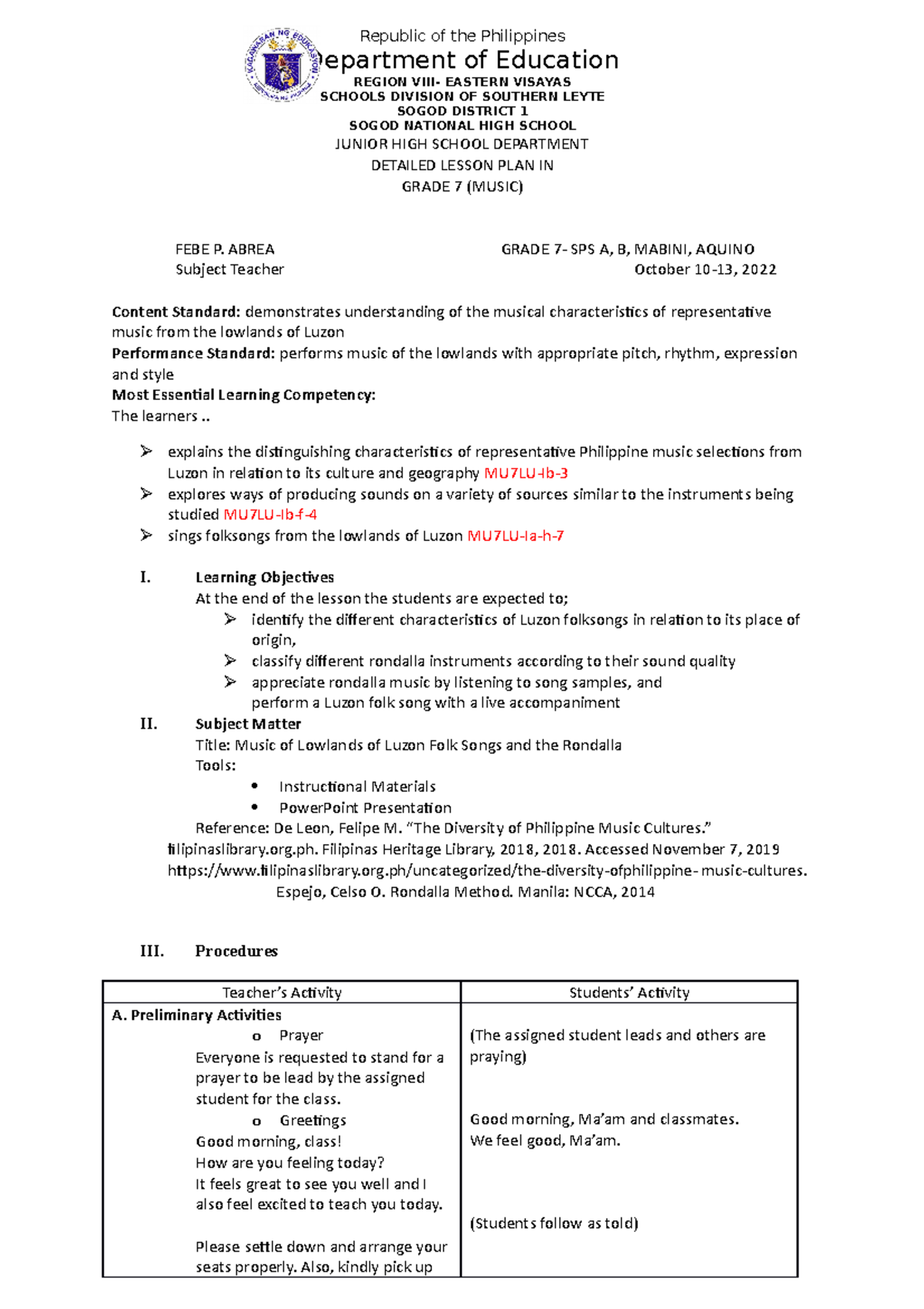 DLP- Mapeh-7- Music- Module-2 - Republic of the Philippines Department ...