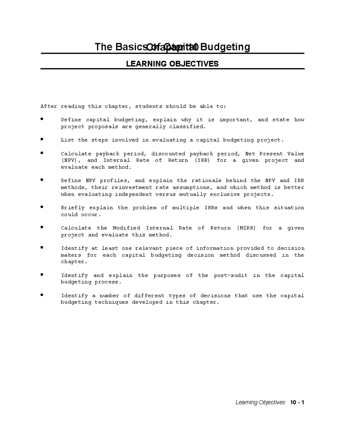 10 - The Basics of Capital Budgeting (Learning objectives) - The ...