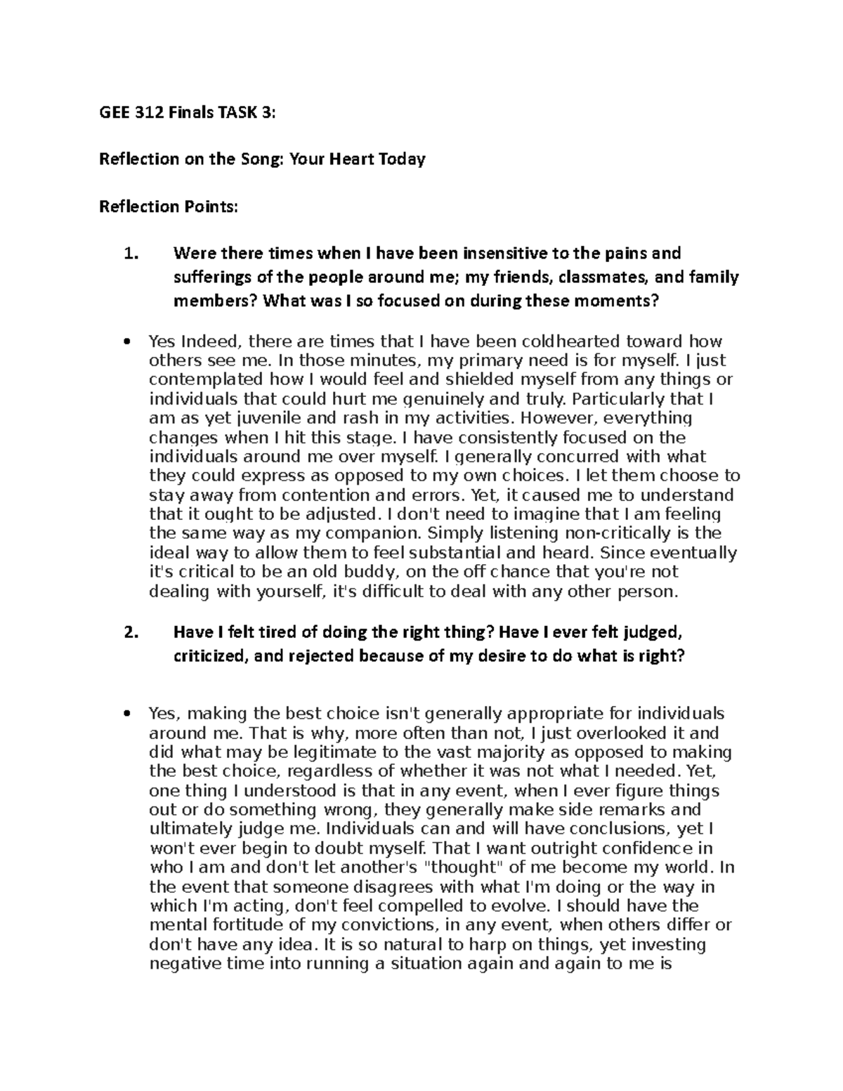 Reflection on the Song Your Heart Today - GEE 312 Finals TASK 3 ...