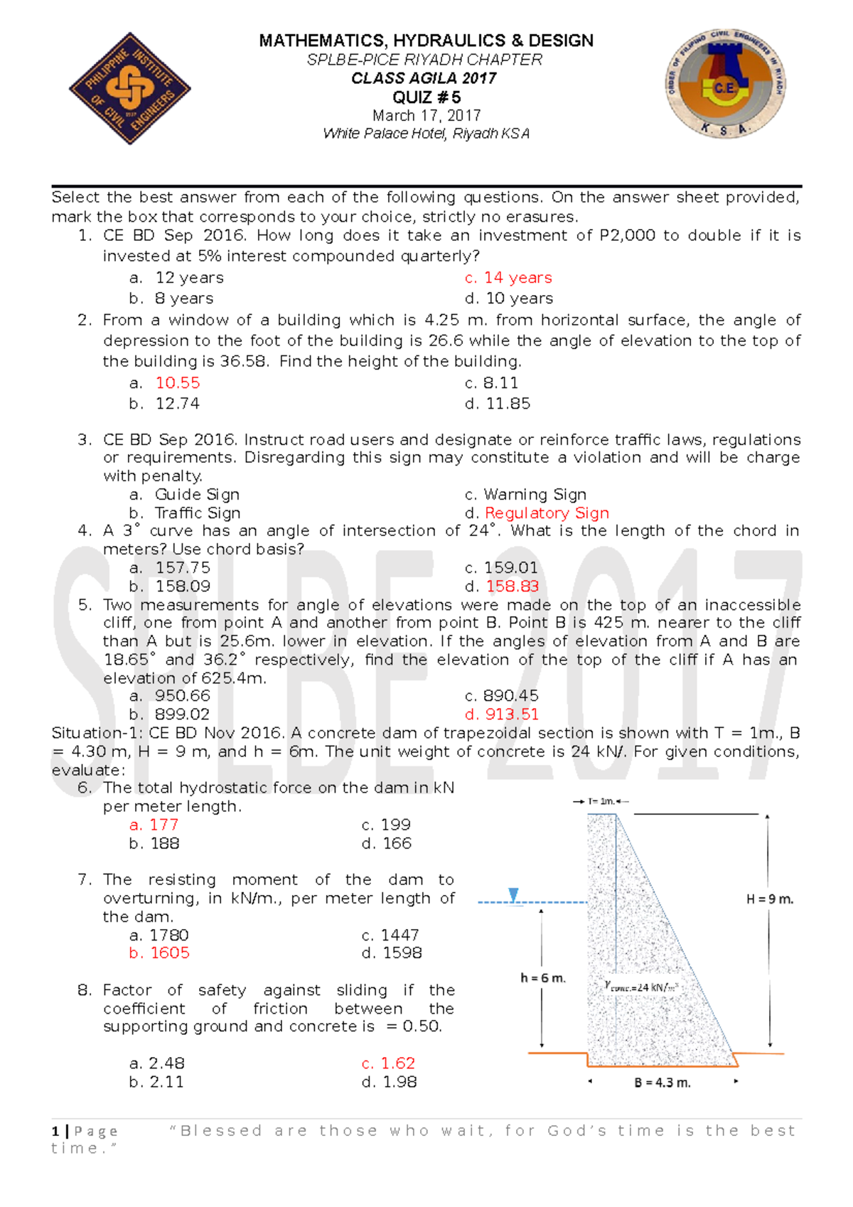 QUIZ#5 Splbe-2017 - For CE Board Exam. - MATHEMATICS, HYDRAULICS ...