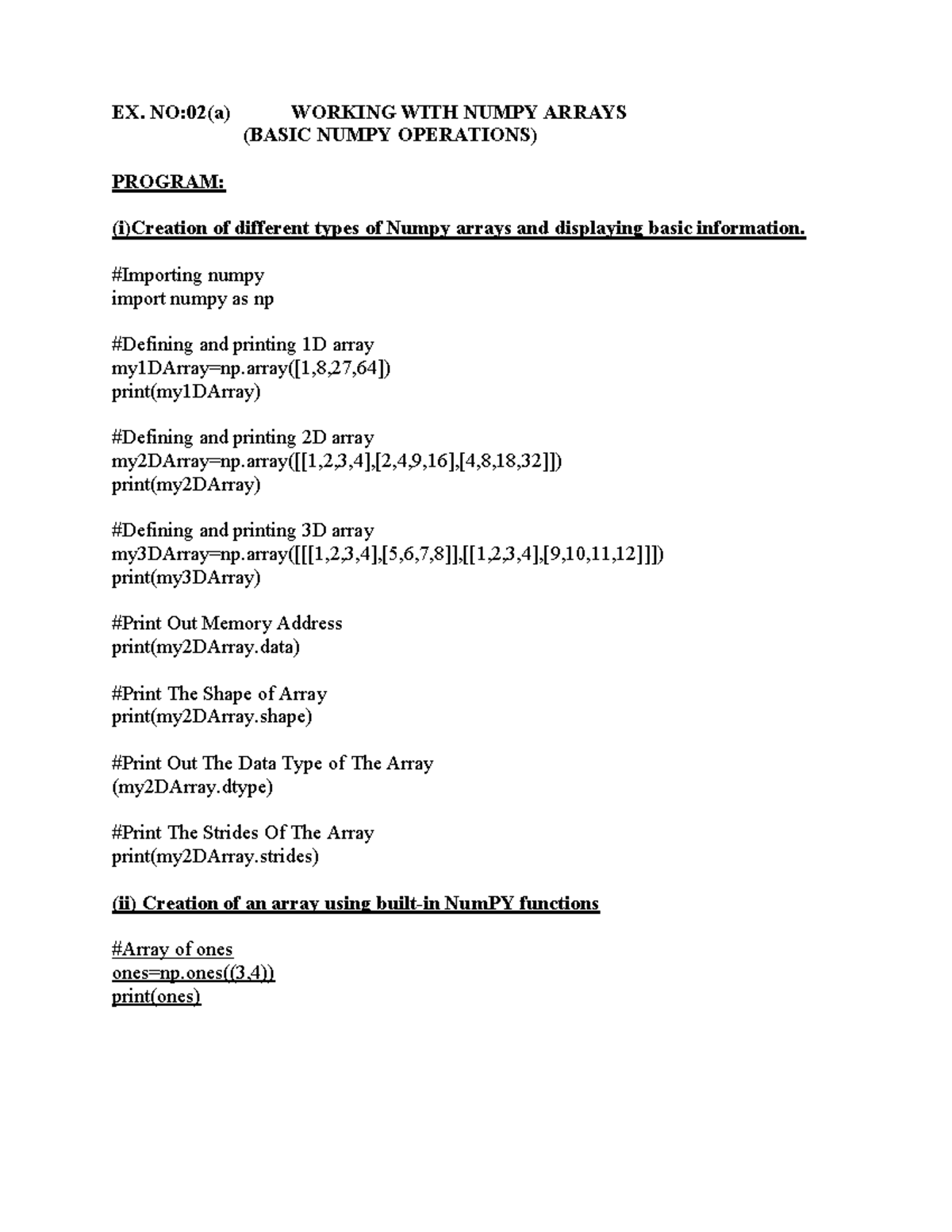 FDS Manual - print 12 - EX. NO:02(a) WORKING WITH NUMPY ARRAYS (BASIC ...