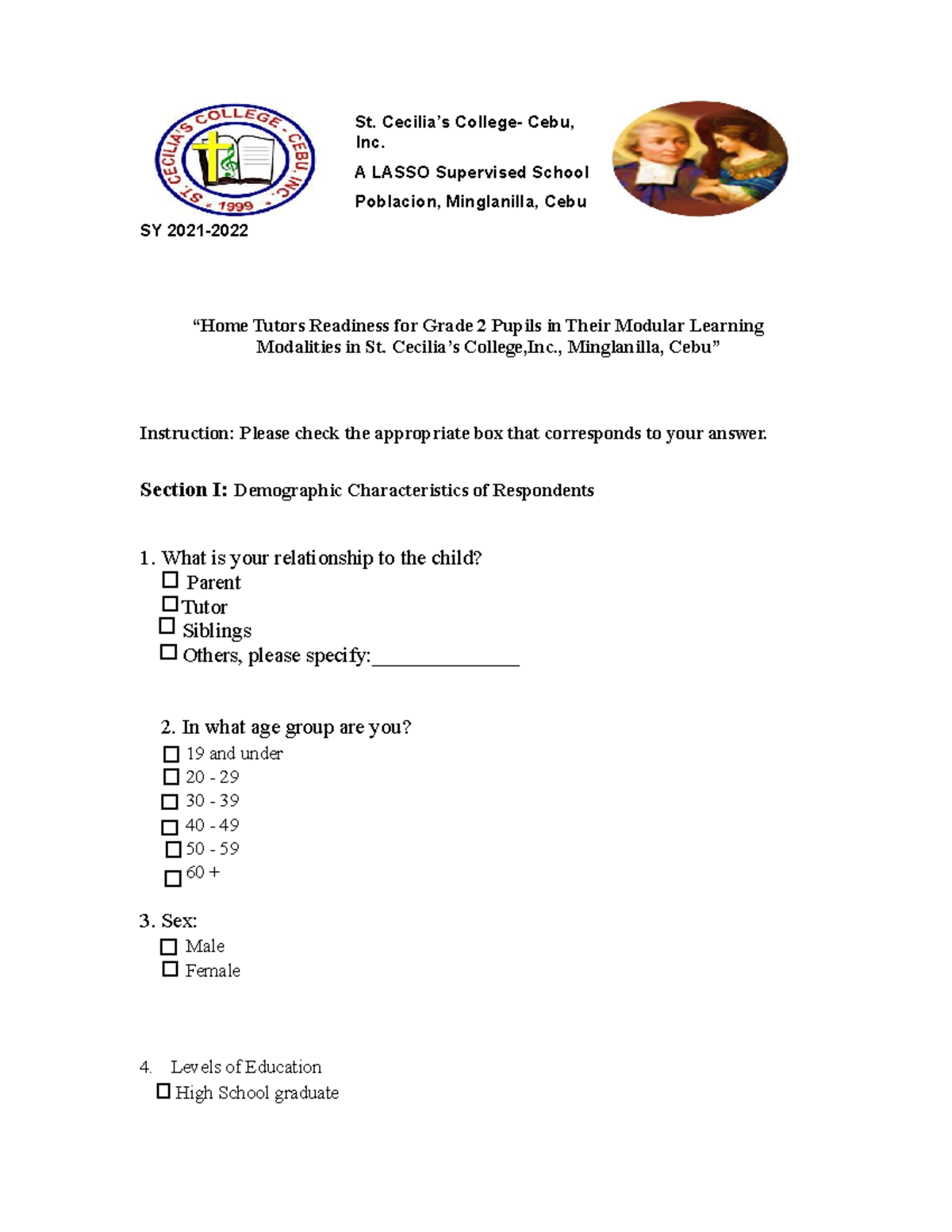 Research Questionnaire for Readiness of Parents for Distance Modular ...