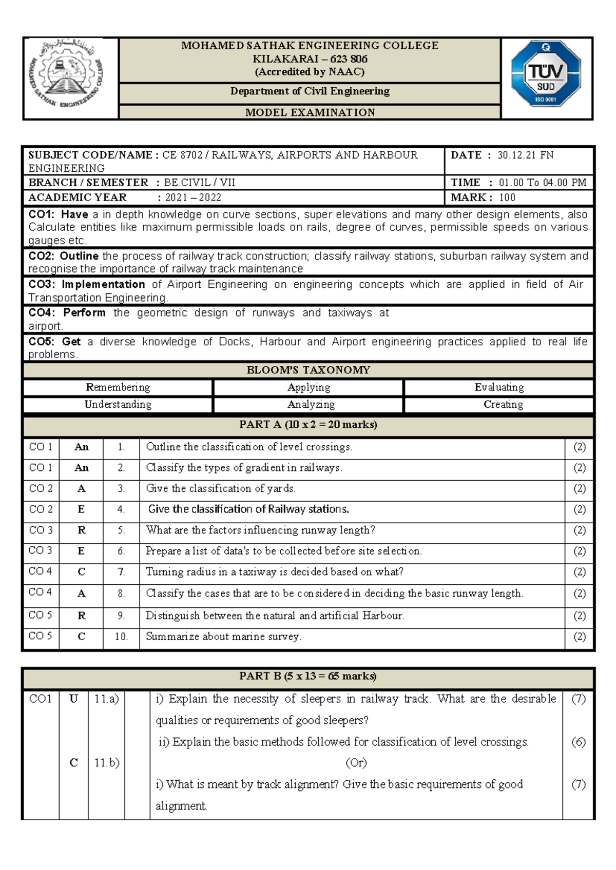 CE 8702 RAH- Model EXAM (2021-2022) - MOHAMED SATHAK ENGINEERING ...