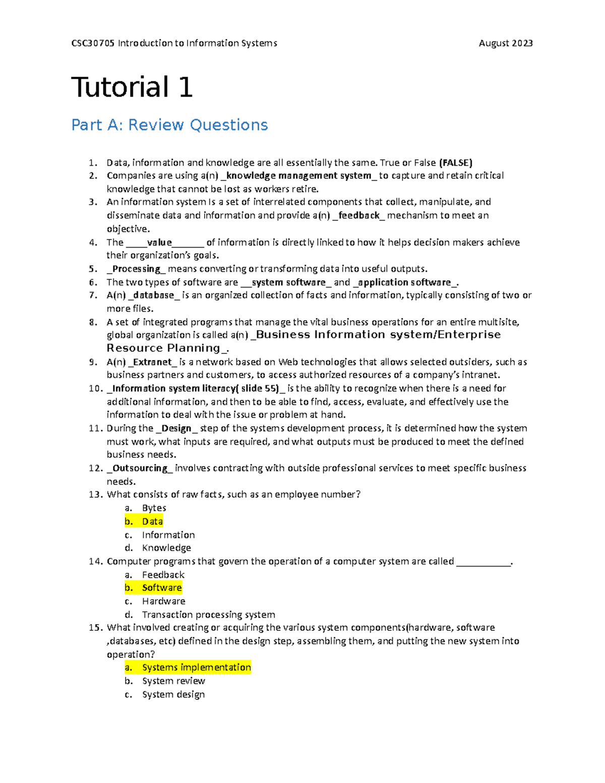 Tutorial 1(IS) - Tutorial 1 Part A: Review Questions Data, information ...