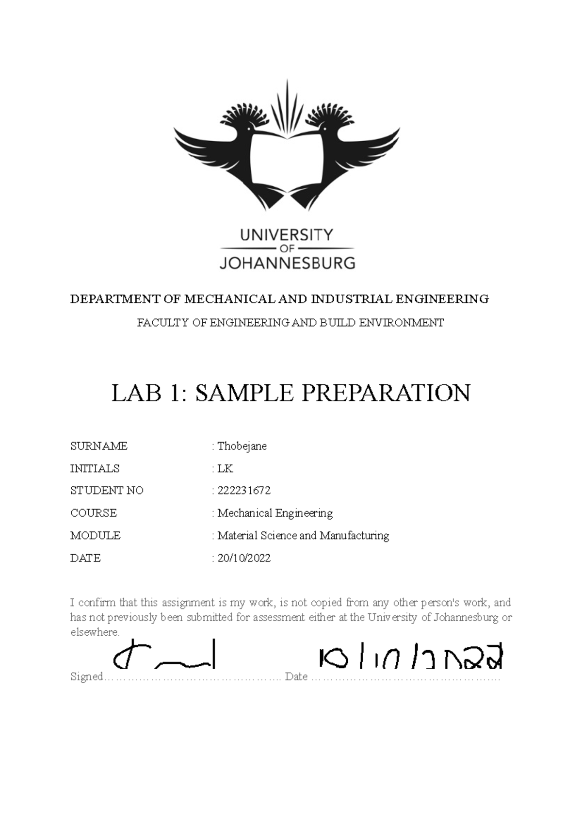 645299991 Lab 1 Report Material Science - DEPARTMENT OF MECHANICAL AND ...