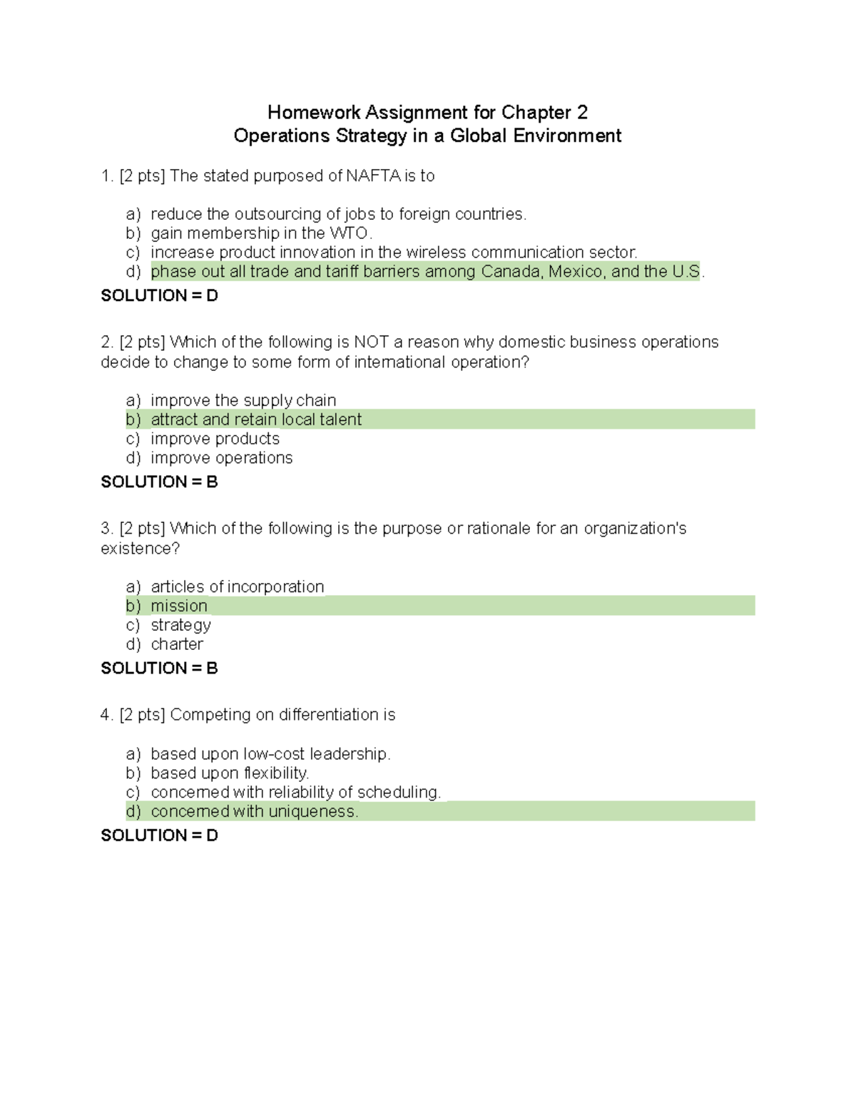 Chapter 2 - Homework Assignment for Chapter 2 Operations Strategy in a ...