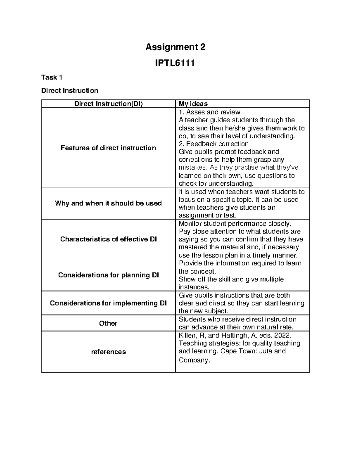 IPTL6111 A2 - Assignment 2 IPTL Task 1 Direct Instruction Direct Instruction(DI) My ideas ...