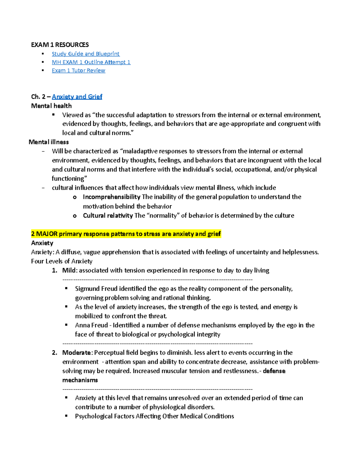 Exam Study guide - EXAM 1 RESOURCES § Study Guide and Blueprint § MH ...