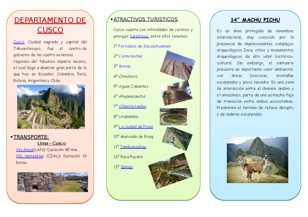 Triptico Ciudad DE Cusco - ATRACTIVOS TURISTICOS Cusco cuenta con infinidades de centros y ...