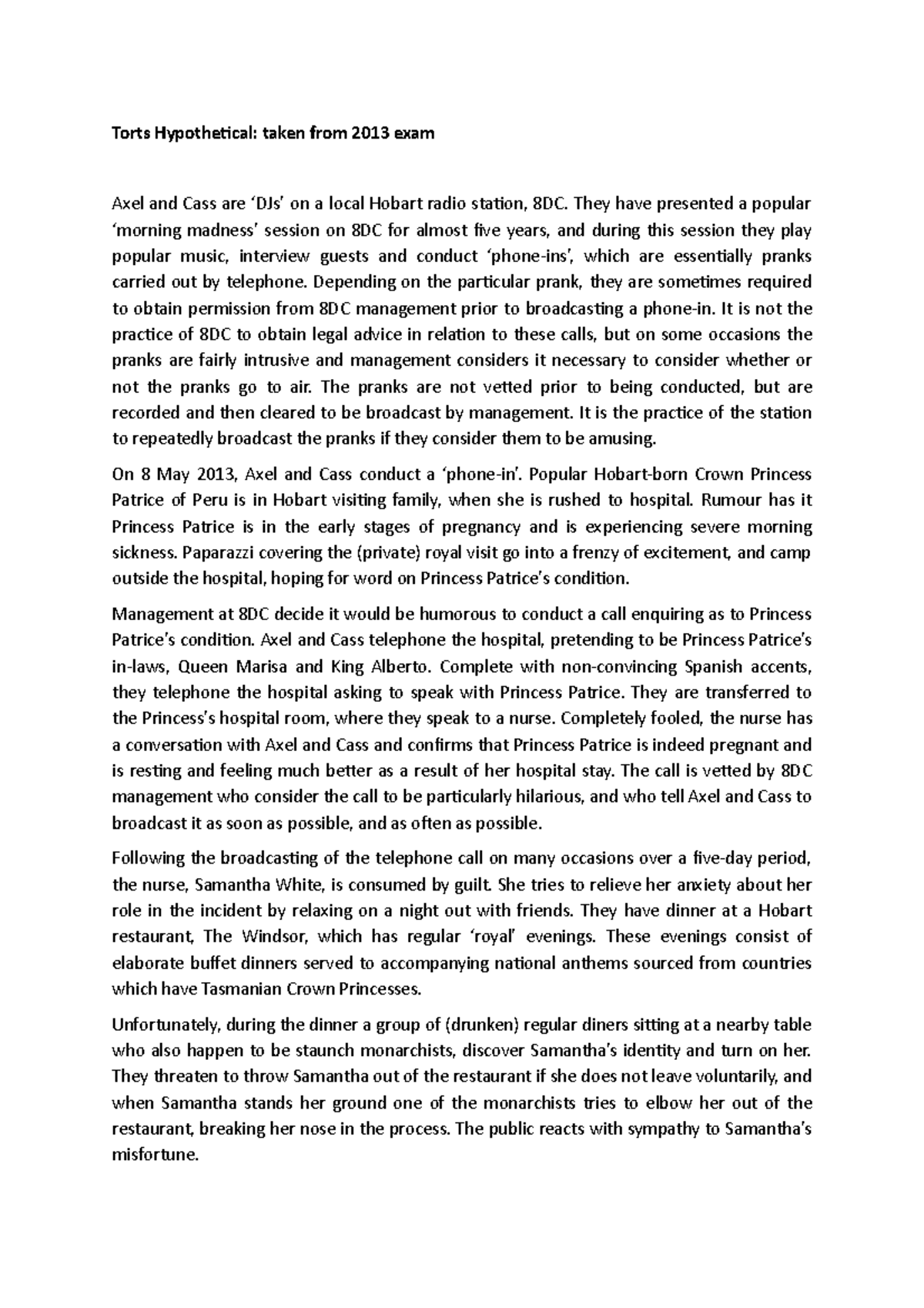 Axel and Cass 2013 exam - Torts case scenarios to practice legal ...