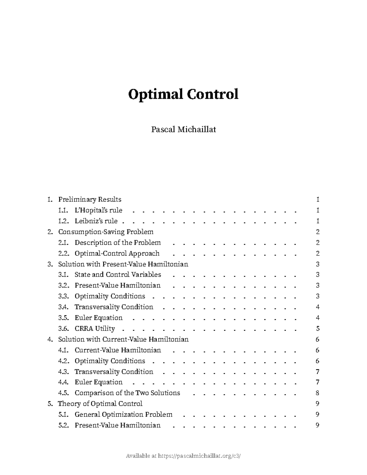 Hamiltonian cheat sheet - Optimal Control Preliminary Results Pascal ...