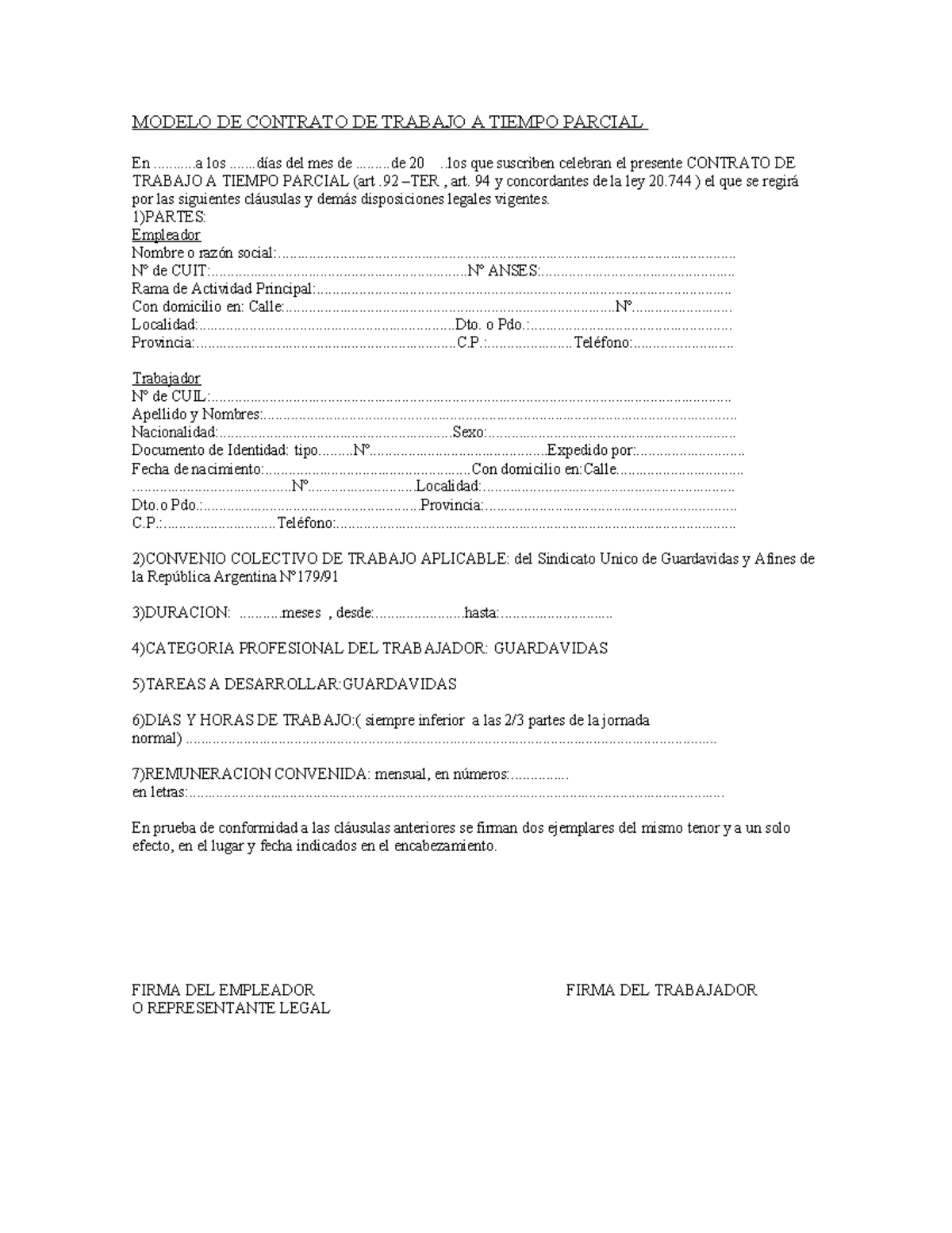 Modelo DE Contrato DE Trabajo A Tiempo Parcial - MODELO DE CONTRATO DE ...