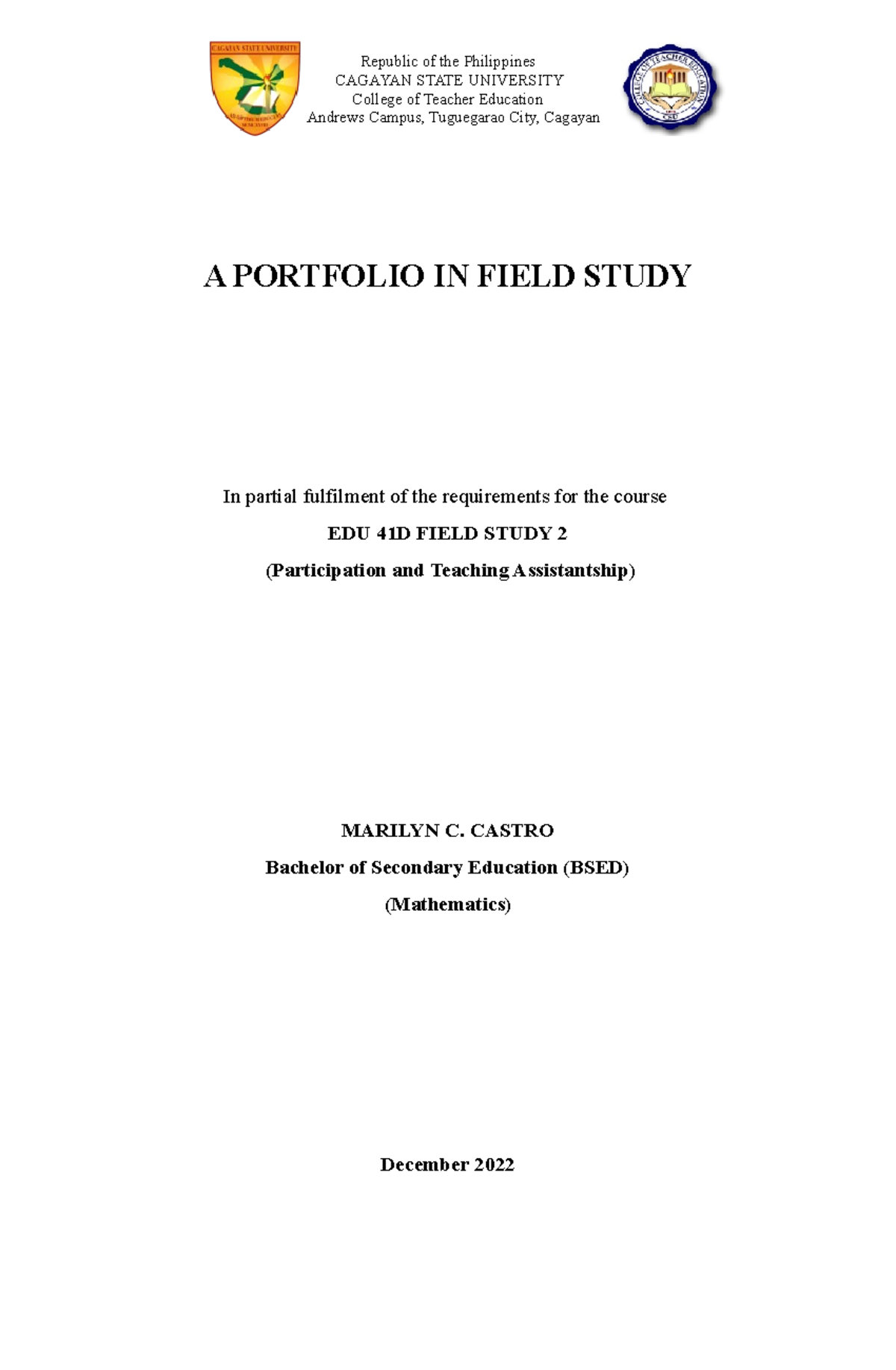 Cover page - Republic of the Philippines CAGAYAN STATE UNIVERSITY ...