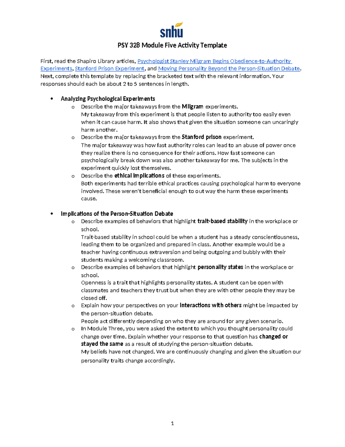 PSY 328 Module Five Activity - Next, complete this template by replacing the bracketed text with ...