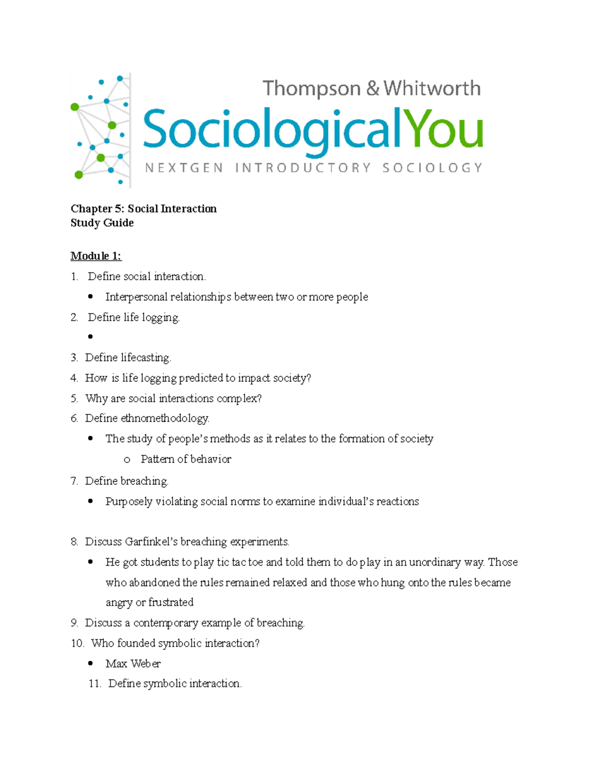 Chapter-5-study-guide - Chapter 5: Social Interaction Study Guide 