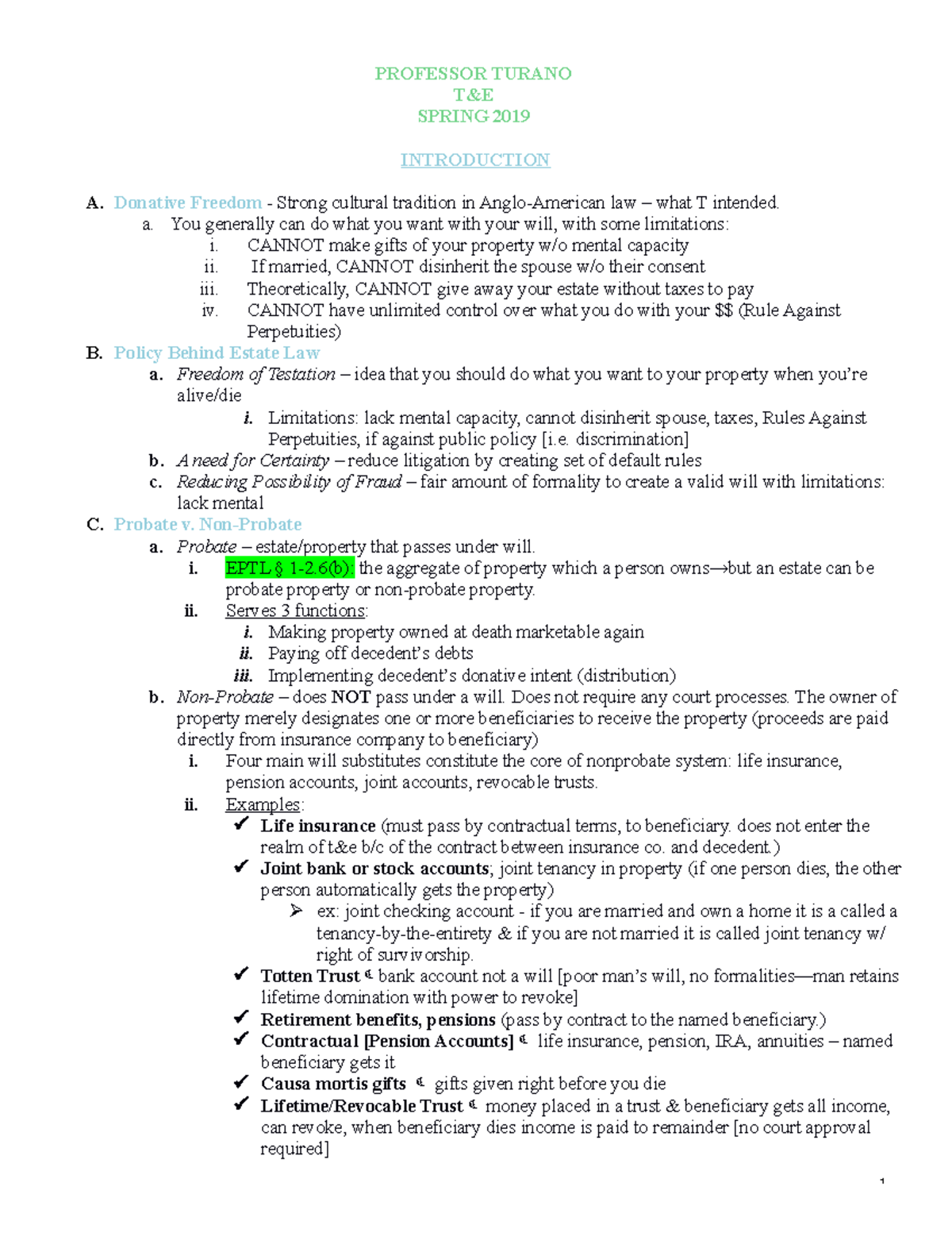 wills and trusts - PROFESSOR TURANO T&E SPRING 2019 INTRODUCTION A ...
