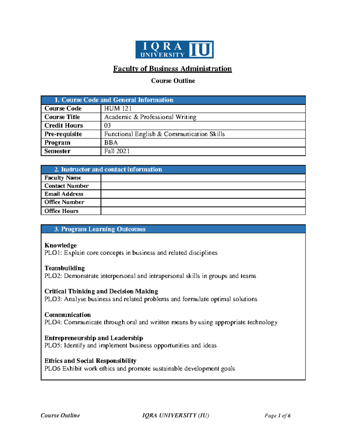 Academic and Professional Writing Aacsb Course Outline - Faculty of Business Administration ...