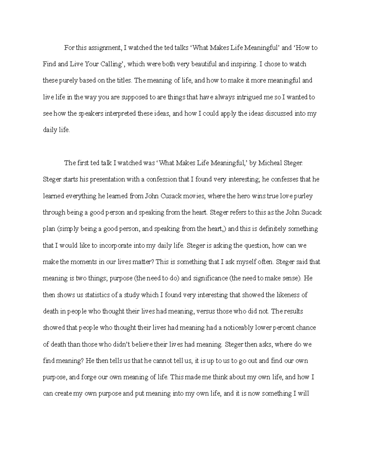 Ted Talks Reflection - For this assignment, I watched the ted talks ...