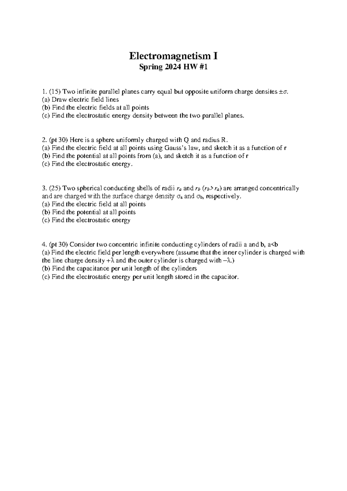 2024 Electromagnetism I problem - Electromagnetism I Spring 202 4 HW (15) Two infinite parallel ...