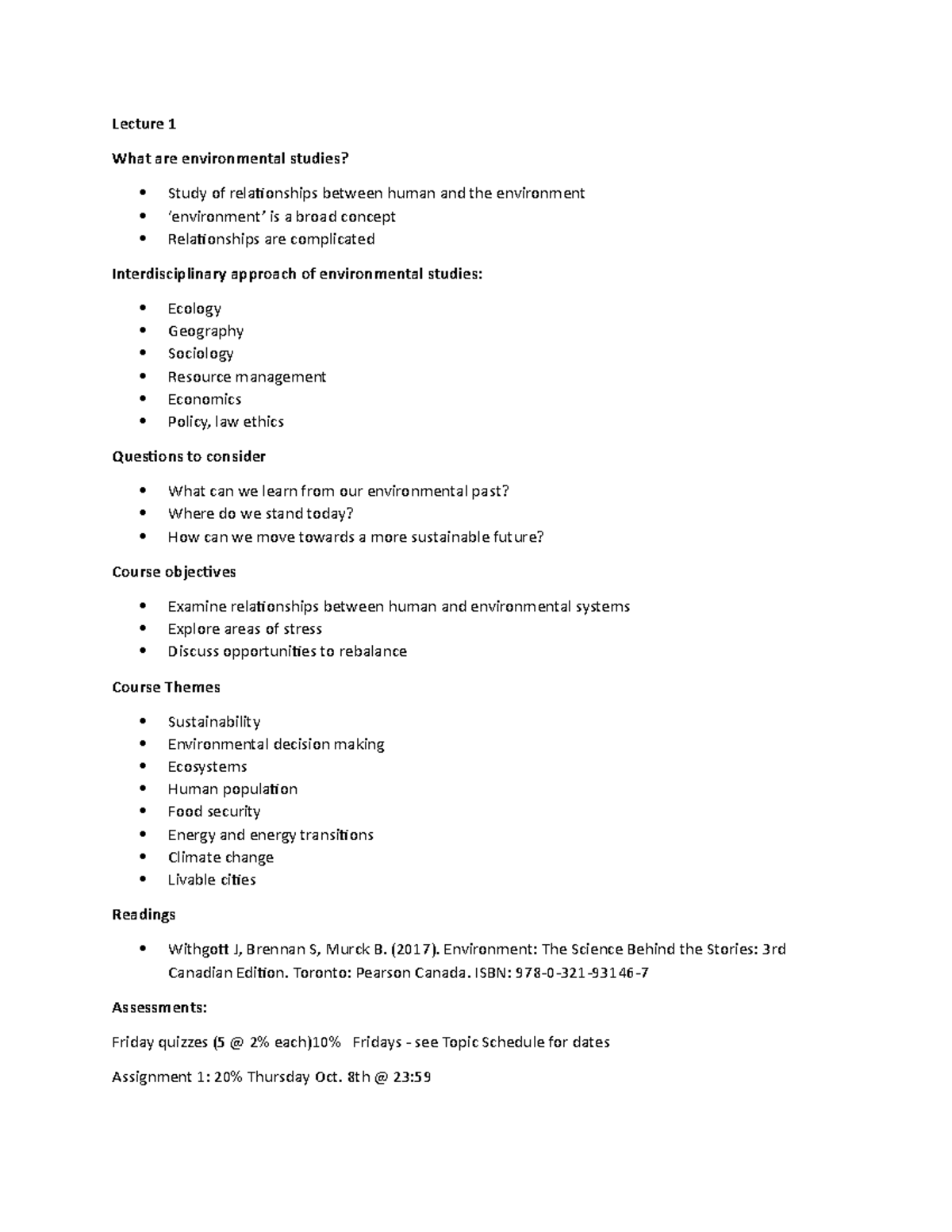 Env1101 L1 - Lecture notes 1 - Lecture 1 What are environmental studies ...