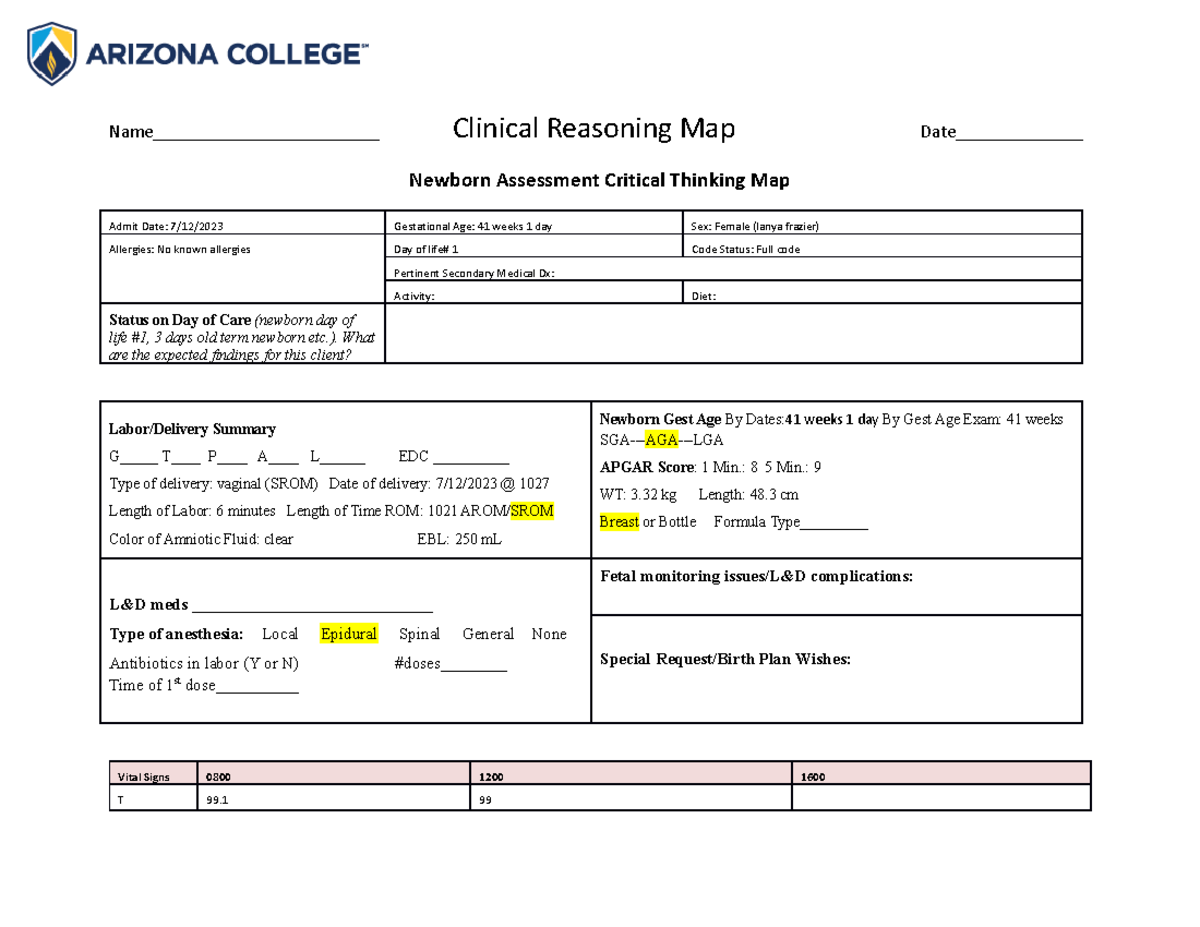 Newborn Critical Map - Newborn Assessment Critical Thinking Map Admit ...