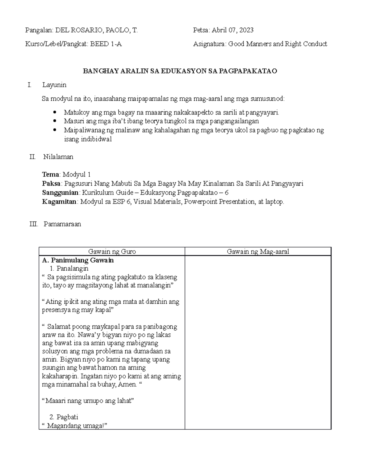 Lesson PLAN GMRC - Hirarkiya ng Pangangailangan - Pangalan: DEL ROSARIO ...