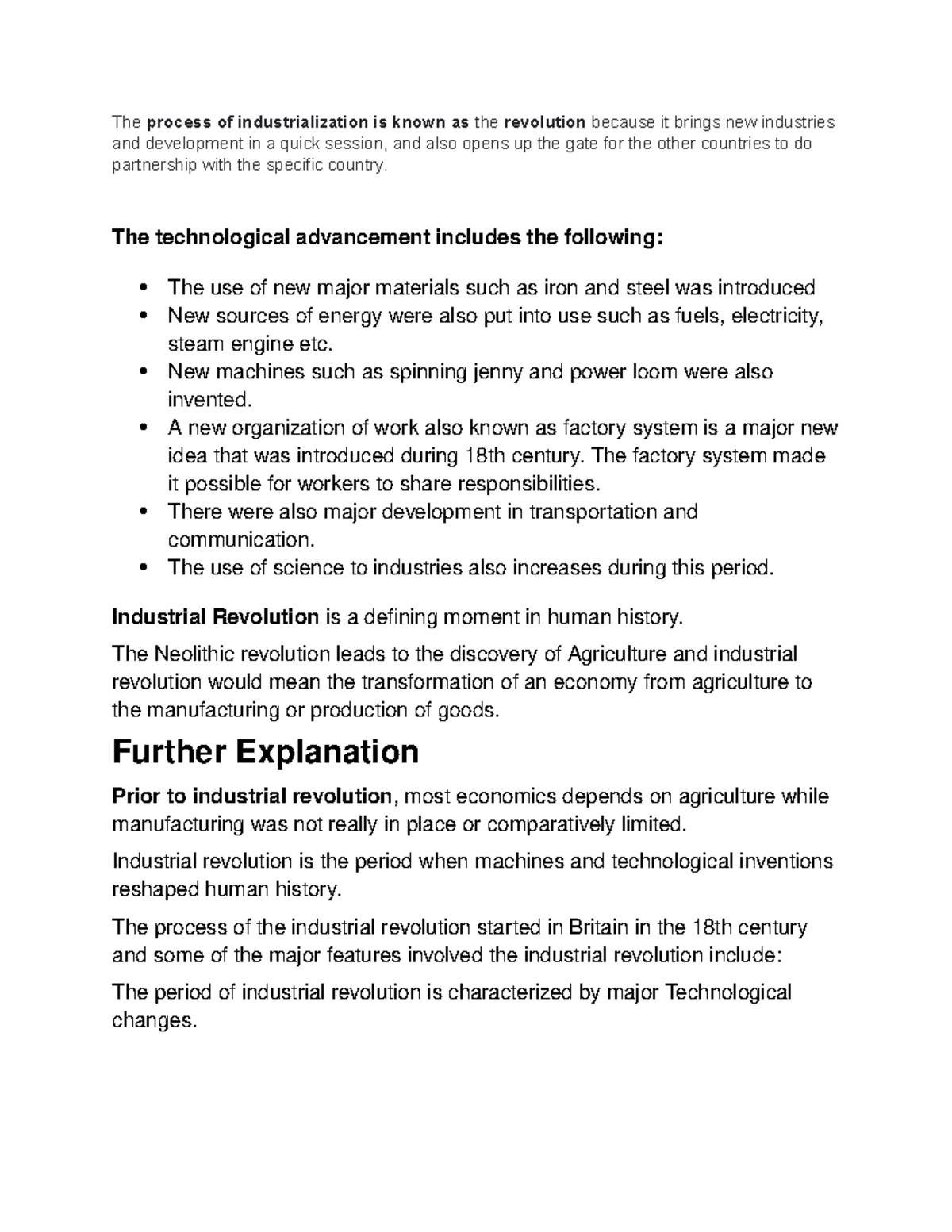 Essay for history - Lecture notes 1 - The process of industrialization ...