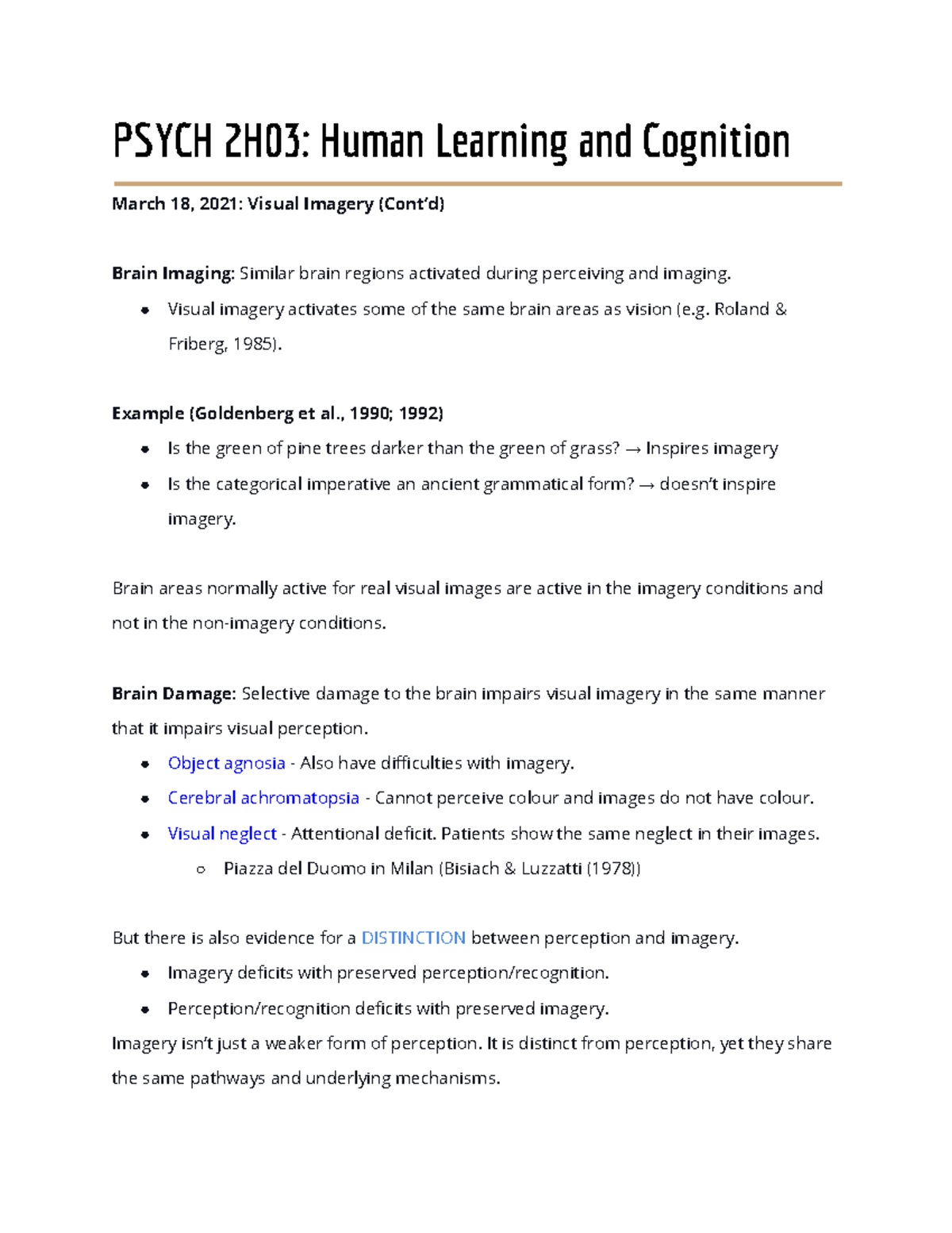 Lecture 19 - human cog - PSYCH 2H03: Human Learning and Cognition March 18, 2021: Visual Imagery ...