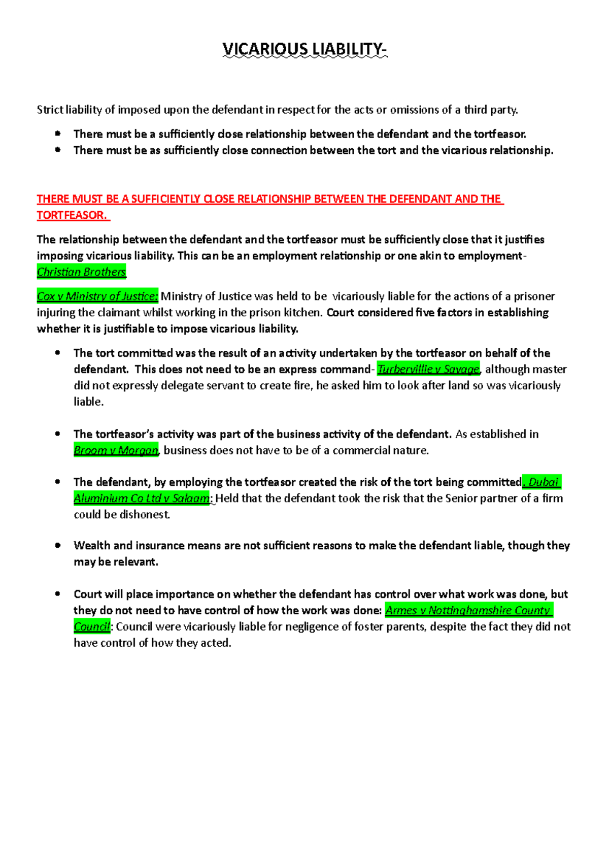 Vicarious Liability Summary Revision Notes - VICARIOUS LIABILITY ...