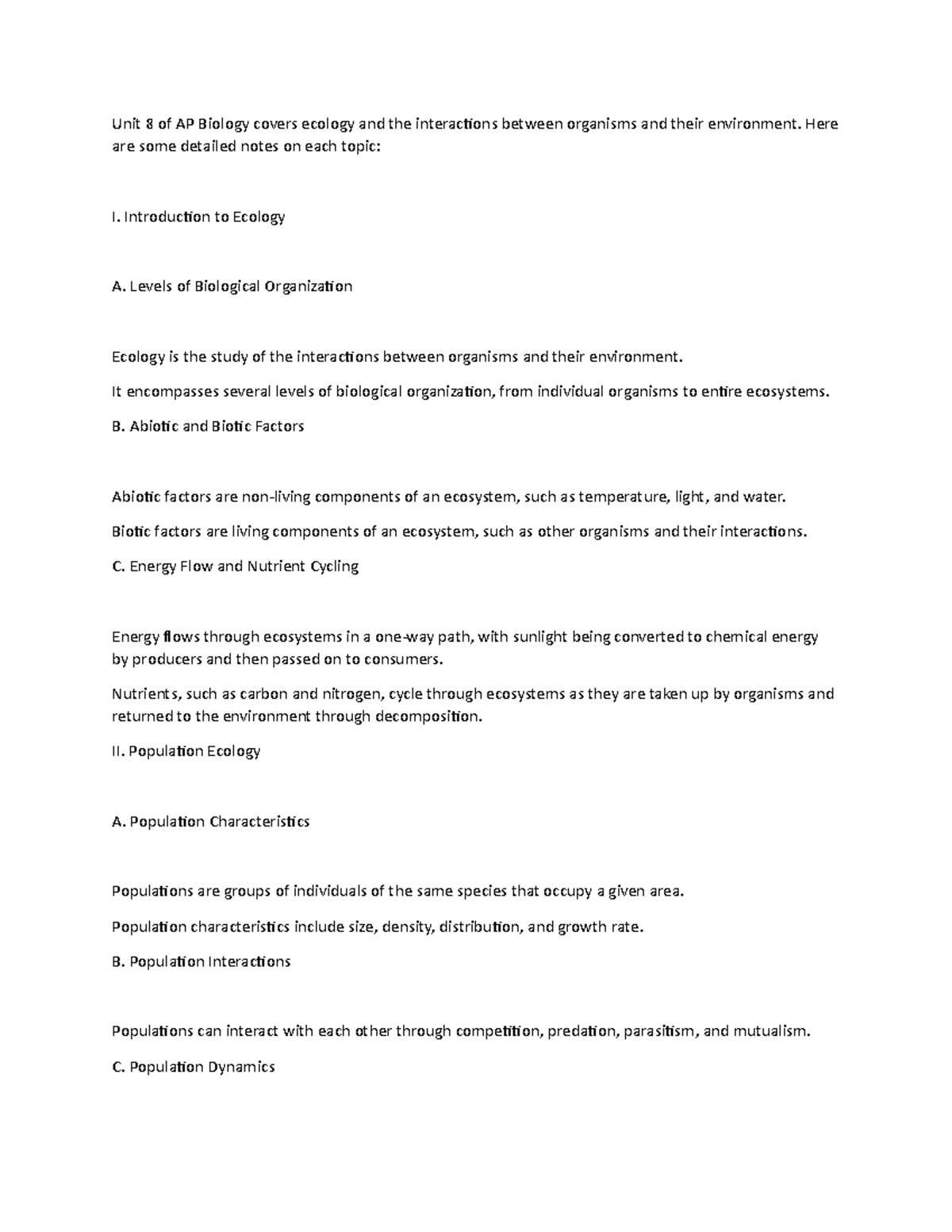 Topic 8 - Class Notes - Unit 8 of AP Biology covers ecology and the ...