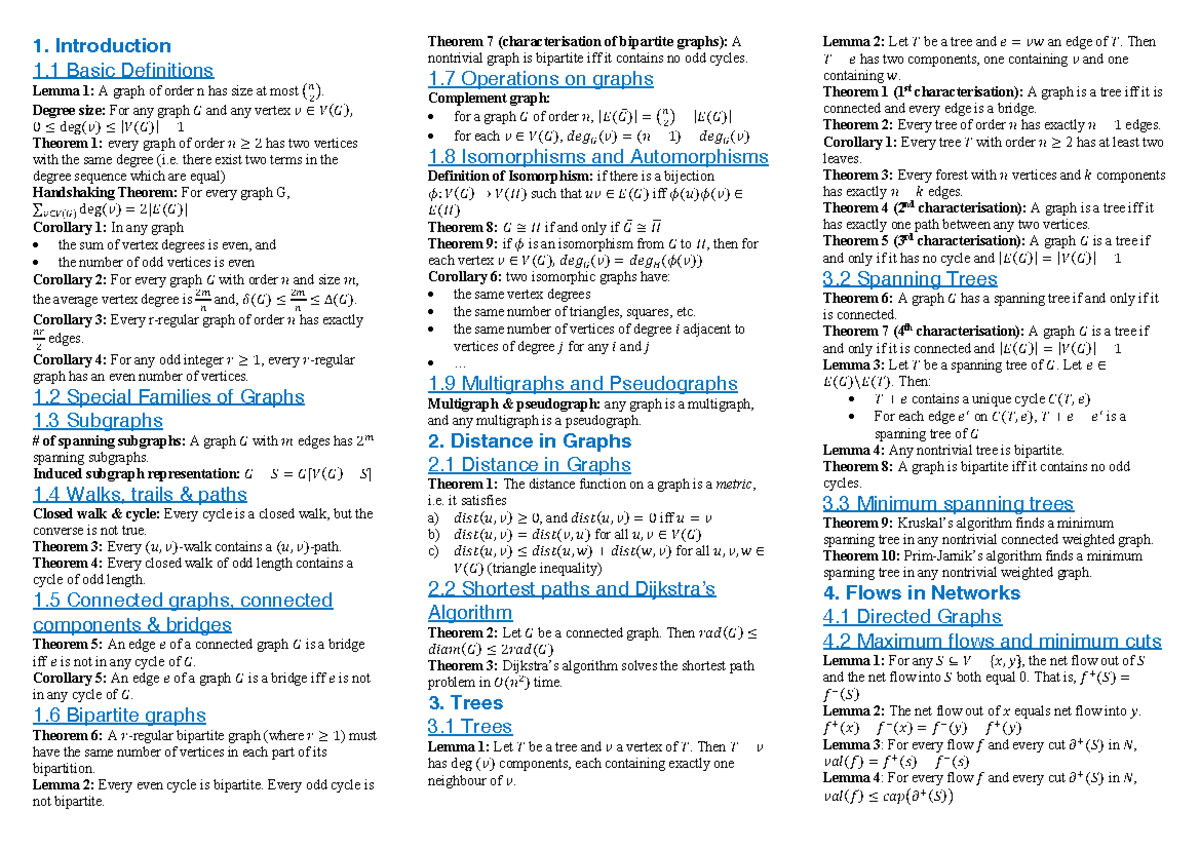 GT Summary of Theorems - 1. Introduction 1. 1 Basic Definitions Lemma 1: A graph of order n has ...