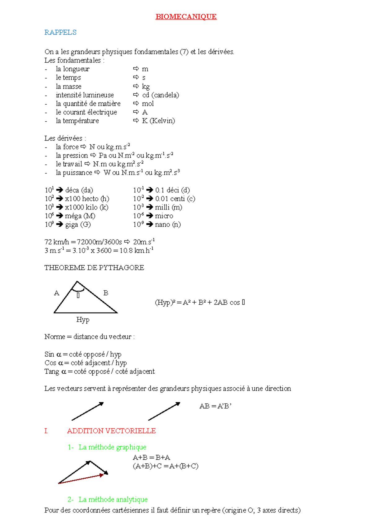 Biomecanique - L1 S2 STAPS - BIOMECANIQUE RAPPELS On a les grandeurs ...