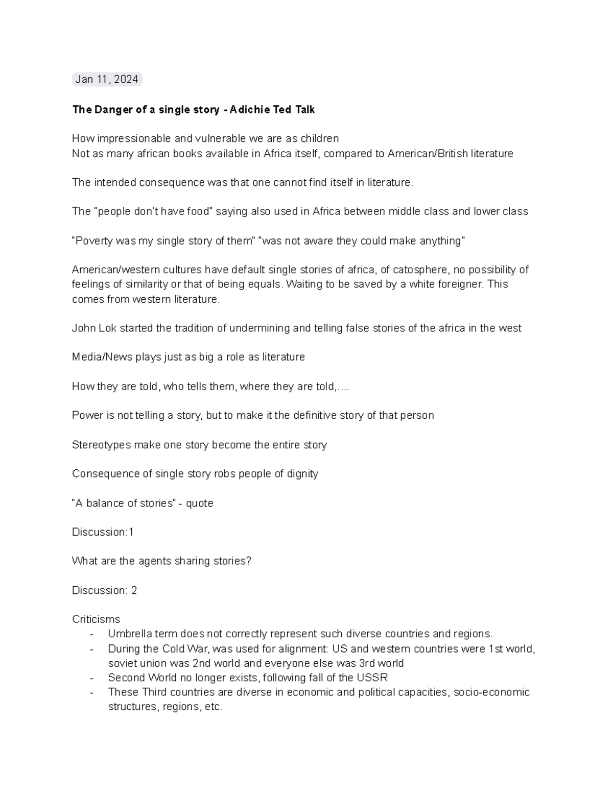 MC 320 - Class Notes - Jan 11, 2024 The Danger of a single story ...