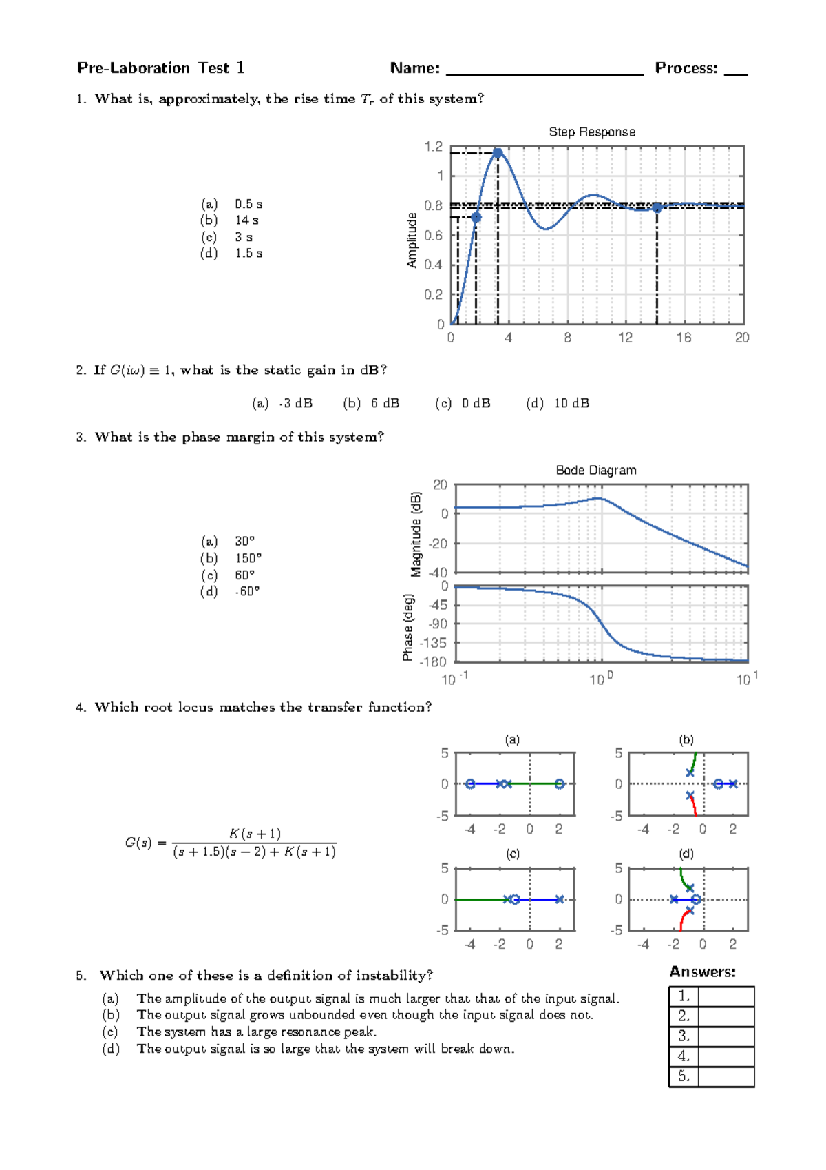 reglerLab2 quiz1 - Pre-Laboration Test 1 Name: Process: 1 is ...
