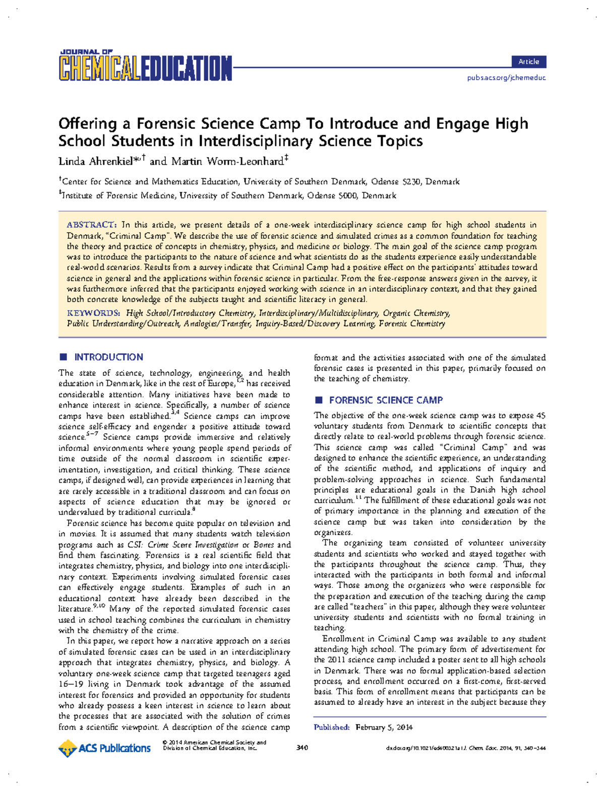Offering a Forensic Science Camp To Introduce and Engage High School ...
