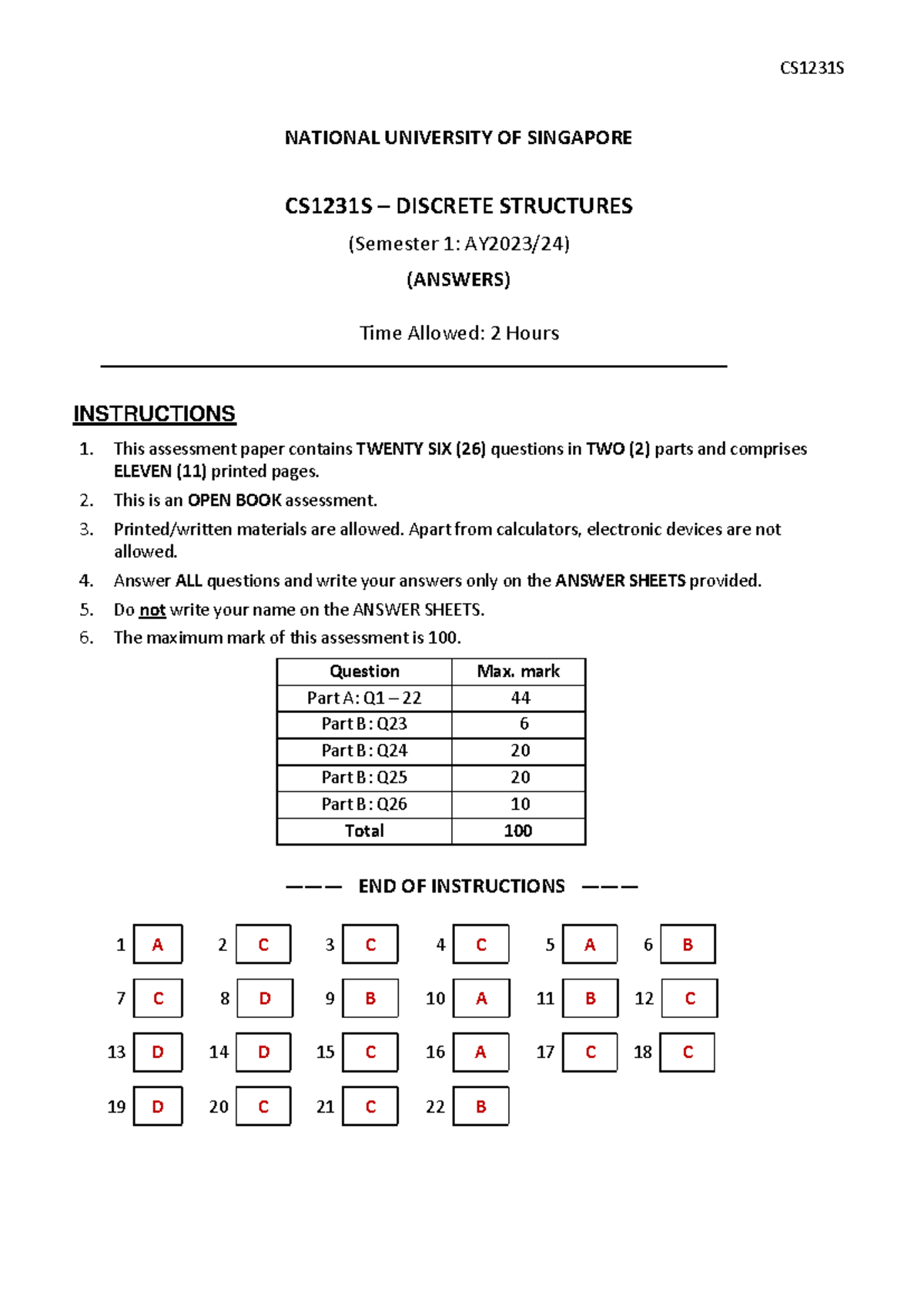 Cs1231s exam23s1 ans post - NATIONAL UNIVERSITY OF SINGAPORE CS1231S – DISCRETE STRUCTURES ...