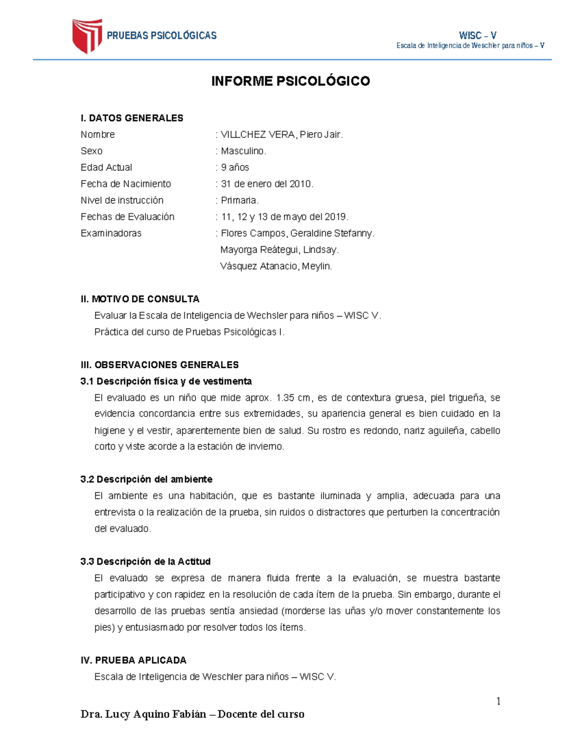 Informe Psicologico WISC V - Escala de Inteligencia de Weschler para ...
