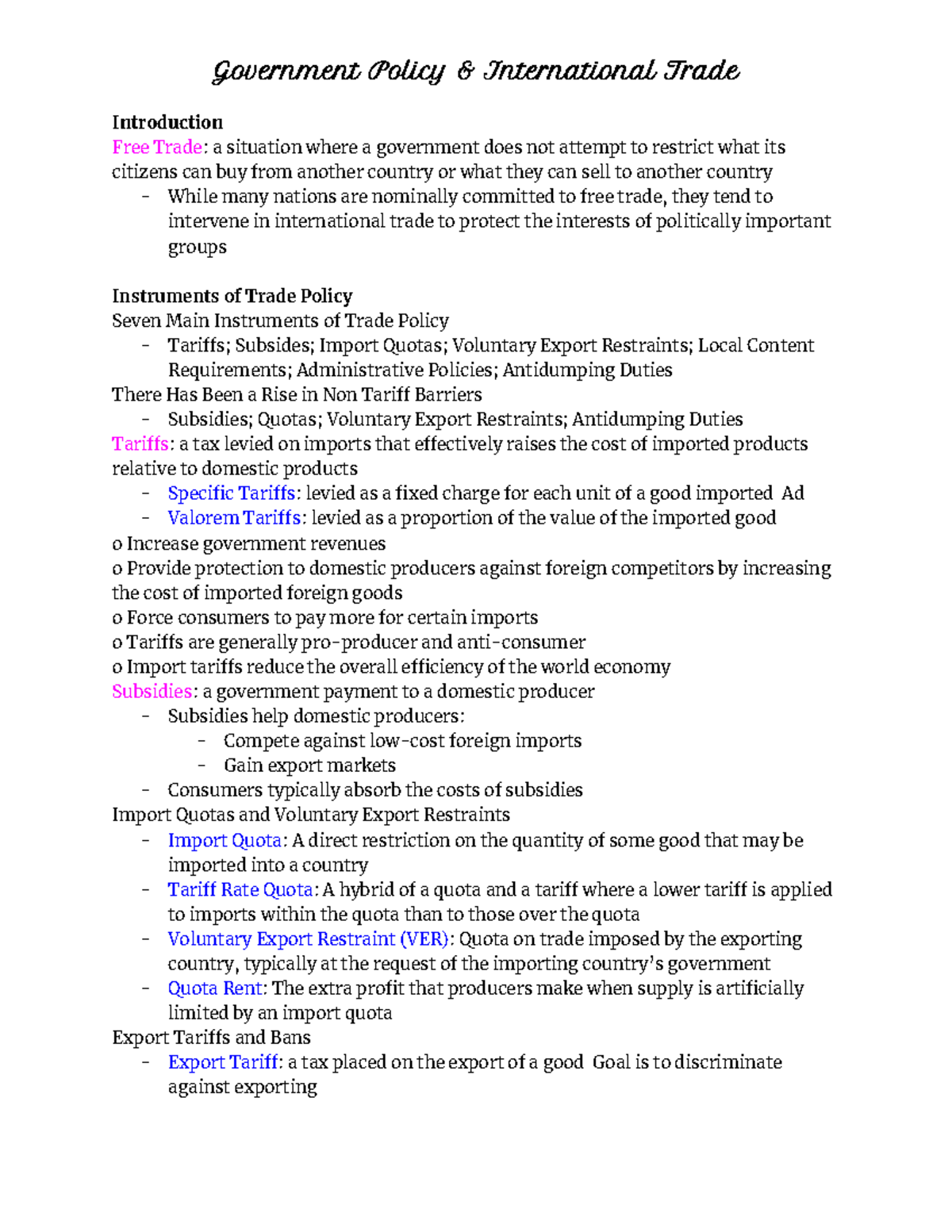 Ch.7 Government Policy & International Trade - Introduction Free Trade ...