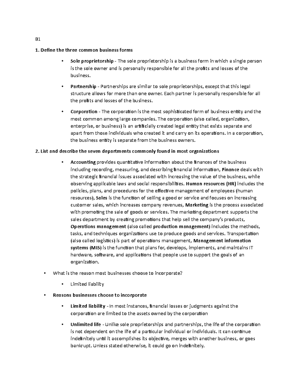 B1 Notes - B1 1. Define the three common business forms Sole ...