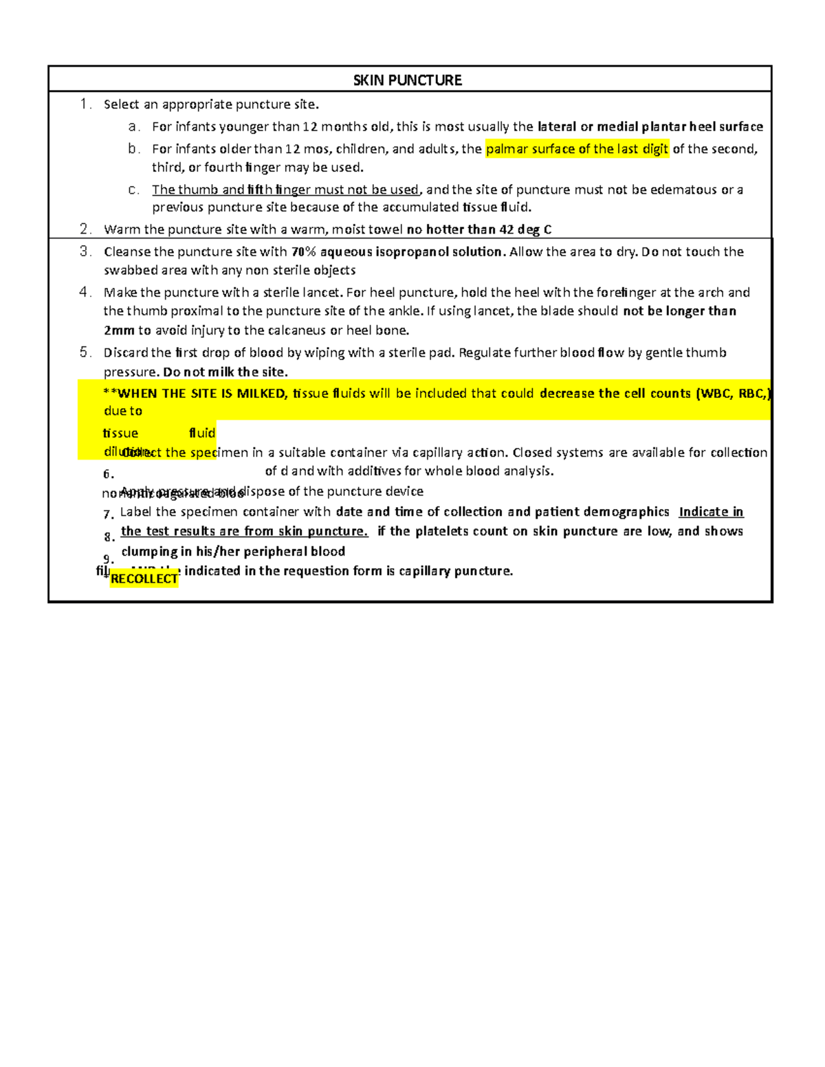 SKIN Puncture - SKIN PUNCTURE Select an appropriate puncture site. a ...