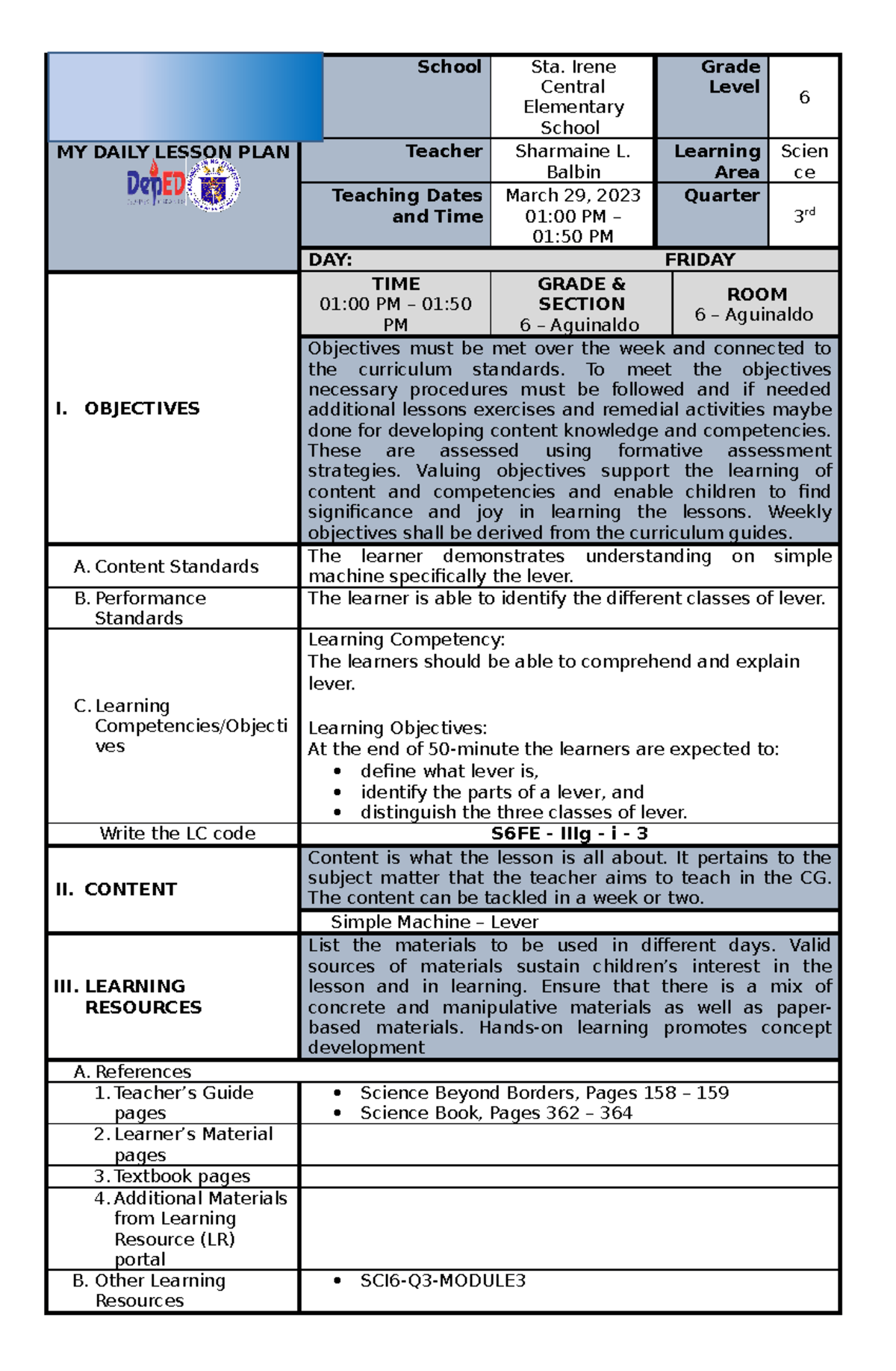 Balbin - Detailed Lesson PLAN - Lever - MY DAILY LESSON PLAN School Sta ...