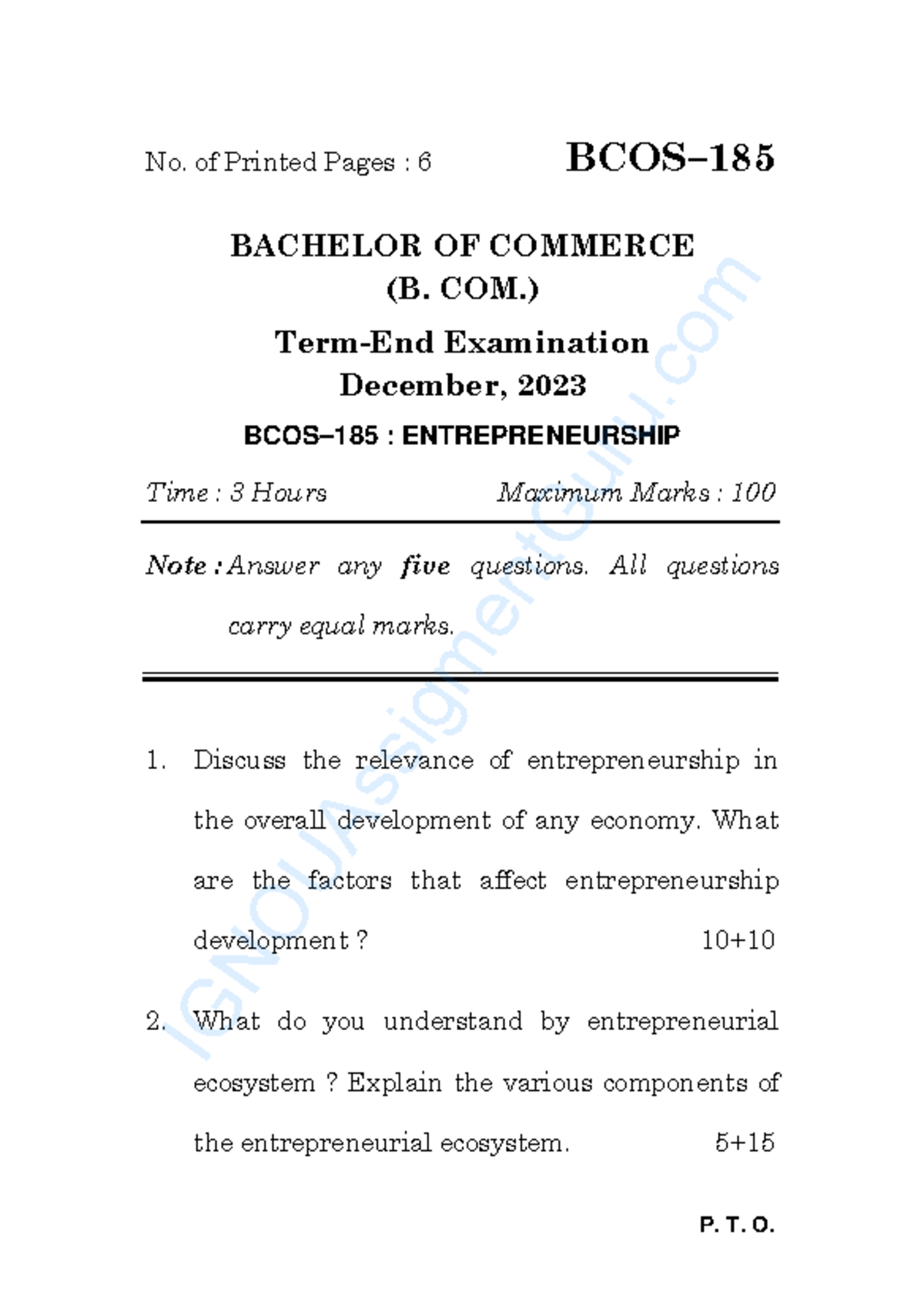 28. Dec 2023 BCOS-185 Ignouassignment Guru - P. T. O. No. of Printed ...