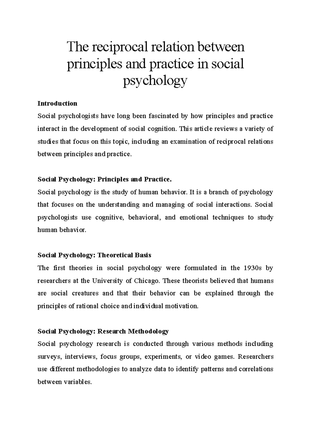 The reciprocal relation between principles and practice in social ...