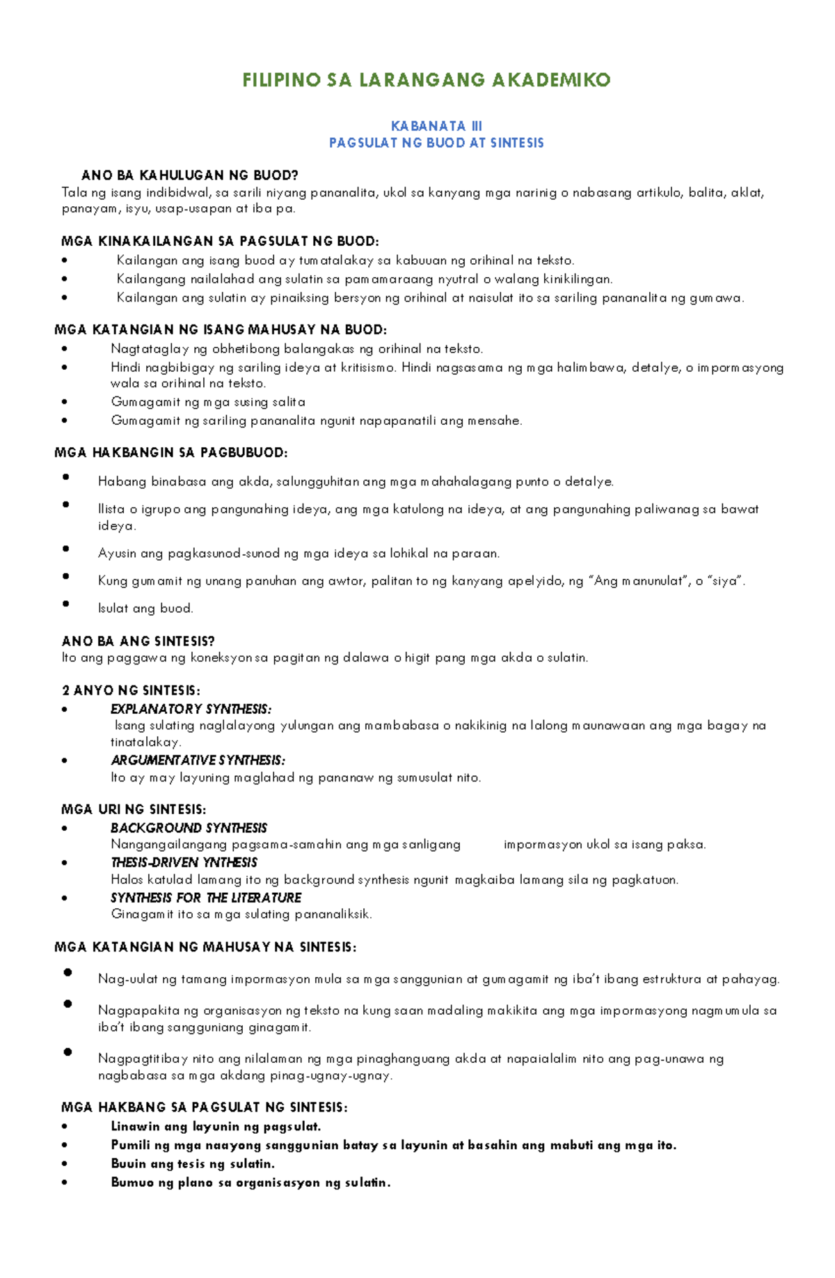 Pagsulat-NG- Sintesis - FILIPINO SA LARANGANG AKADEMIKO KABANATA III ...
